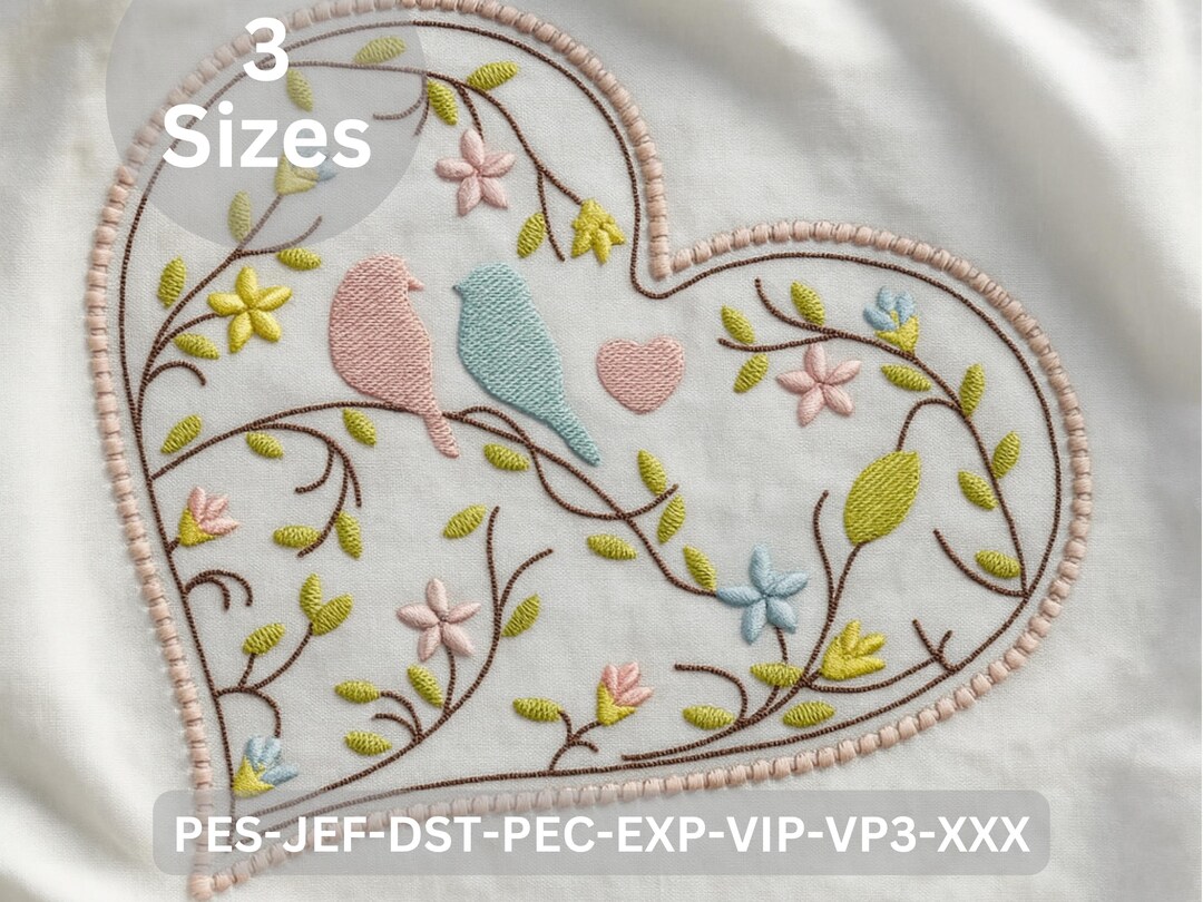Heart Shape Embroidery Design With Birds Flowers and Vines Wedding ...