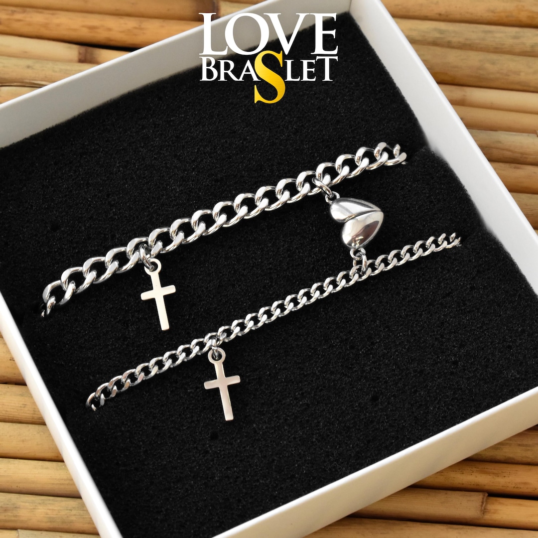 Couples Bracelet Charms Crosses and Magnetic Heart, Matching Bracelets ...