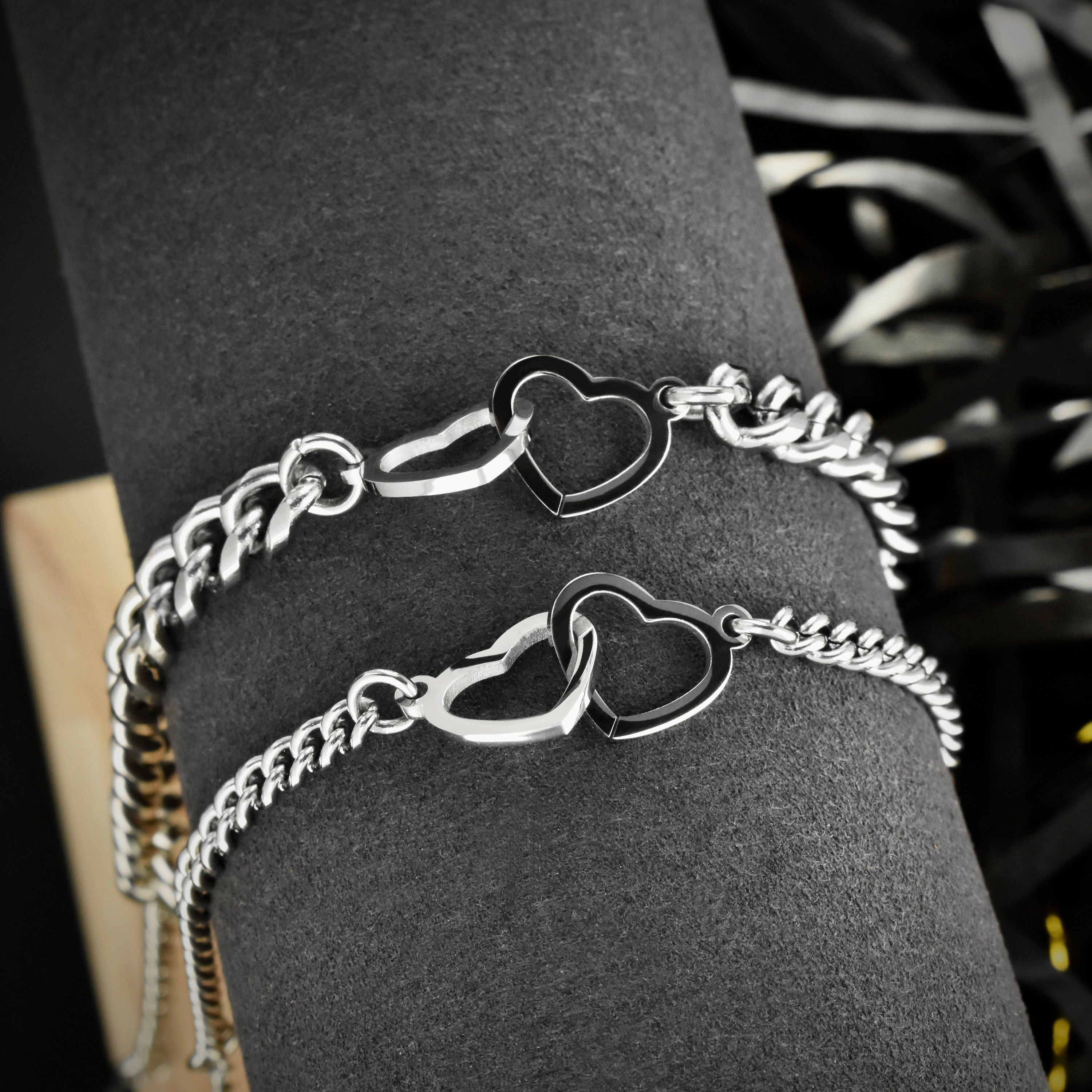 Set of 2 Couples Bracelets With Double Hearts Connectors, His and Hers ...
