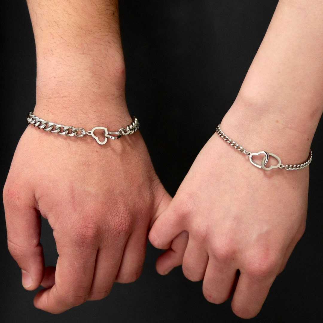 Set of 2 Couples Bracelets With Double Hearts Connectors, His and Hers ...