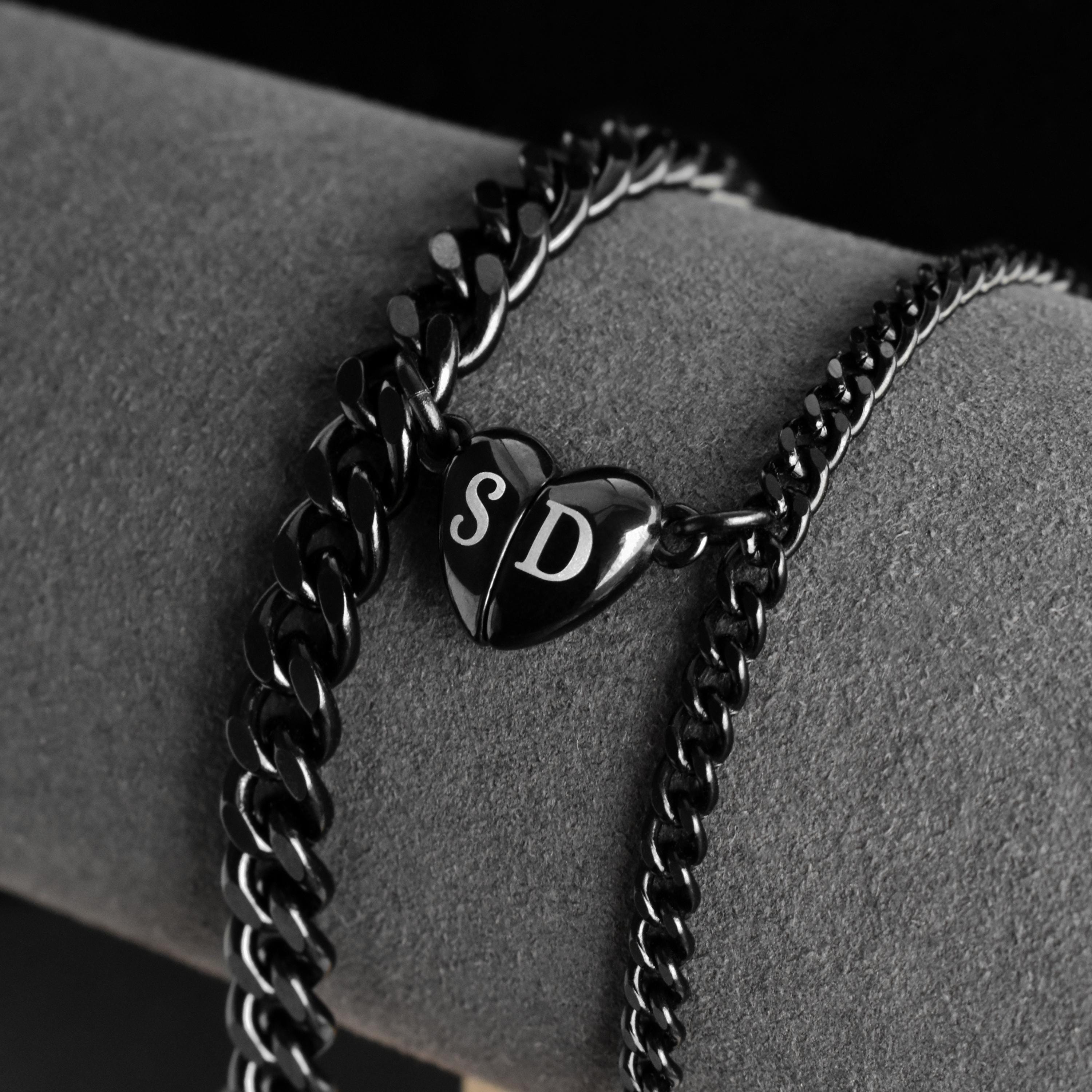 Engraved Initials Heart Magnets Black Couples Bracelet, Personalized ...
