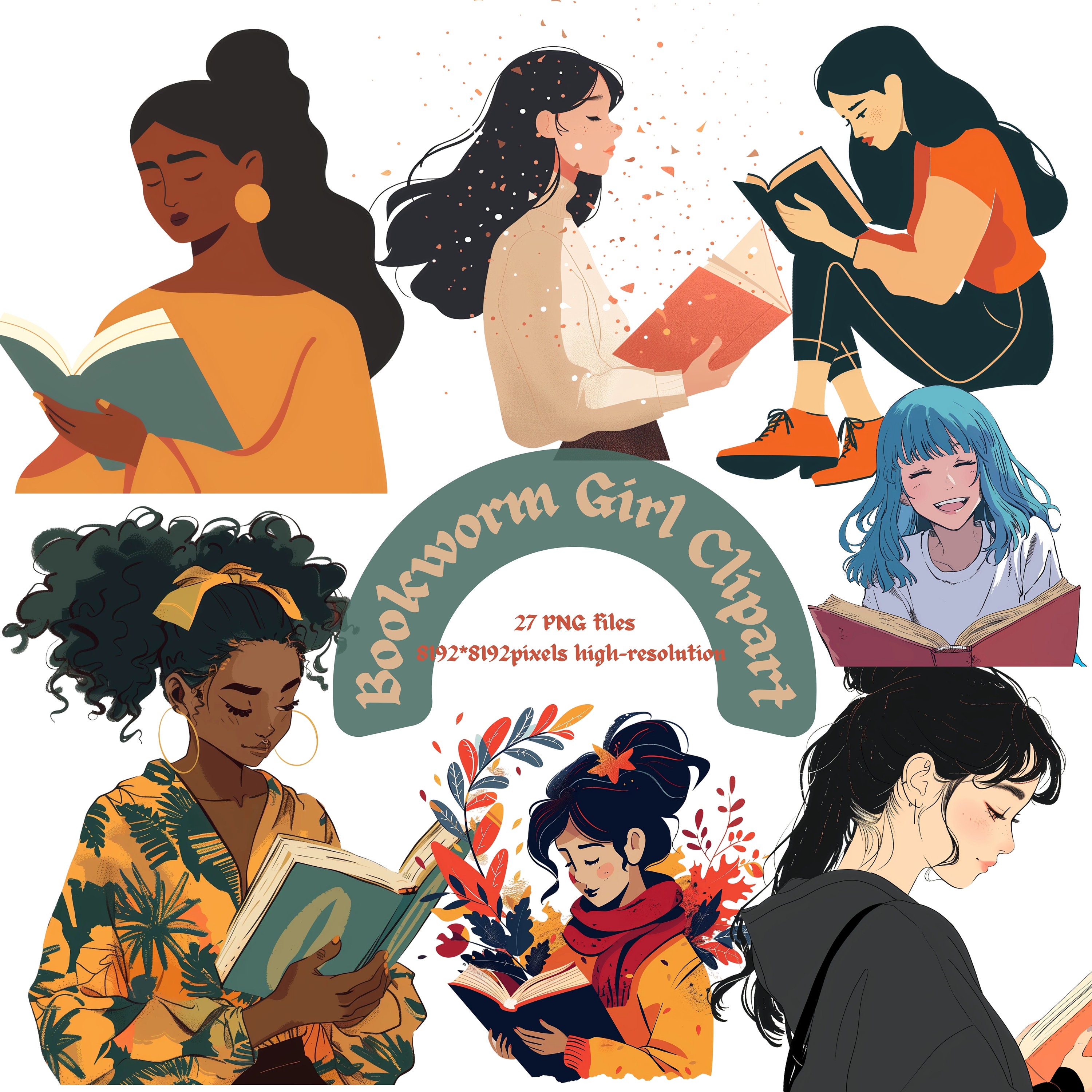 Reading Girl Clipart, Clipart Bundle, Transparent Background ...
