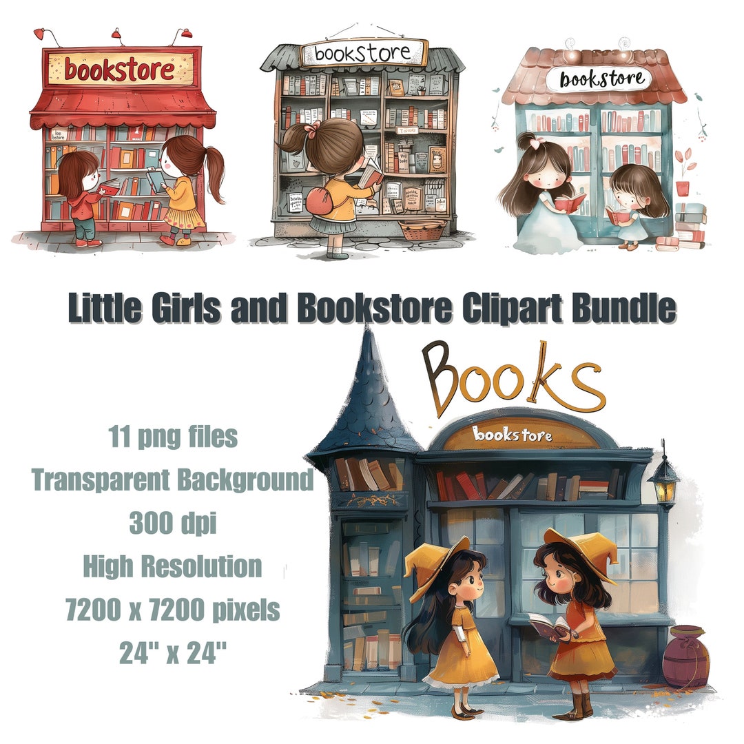 Cute Little Girls and Bookstore Clipart Bundle-- Childhood, Book Art ...