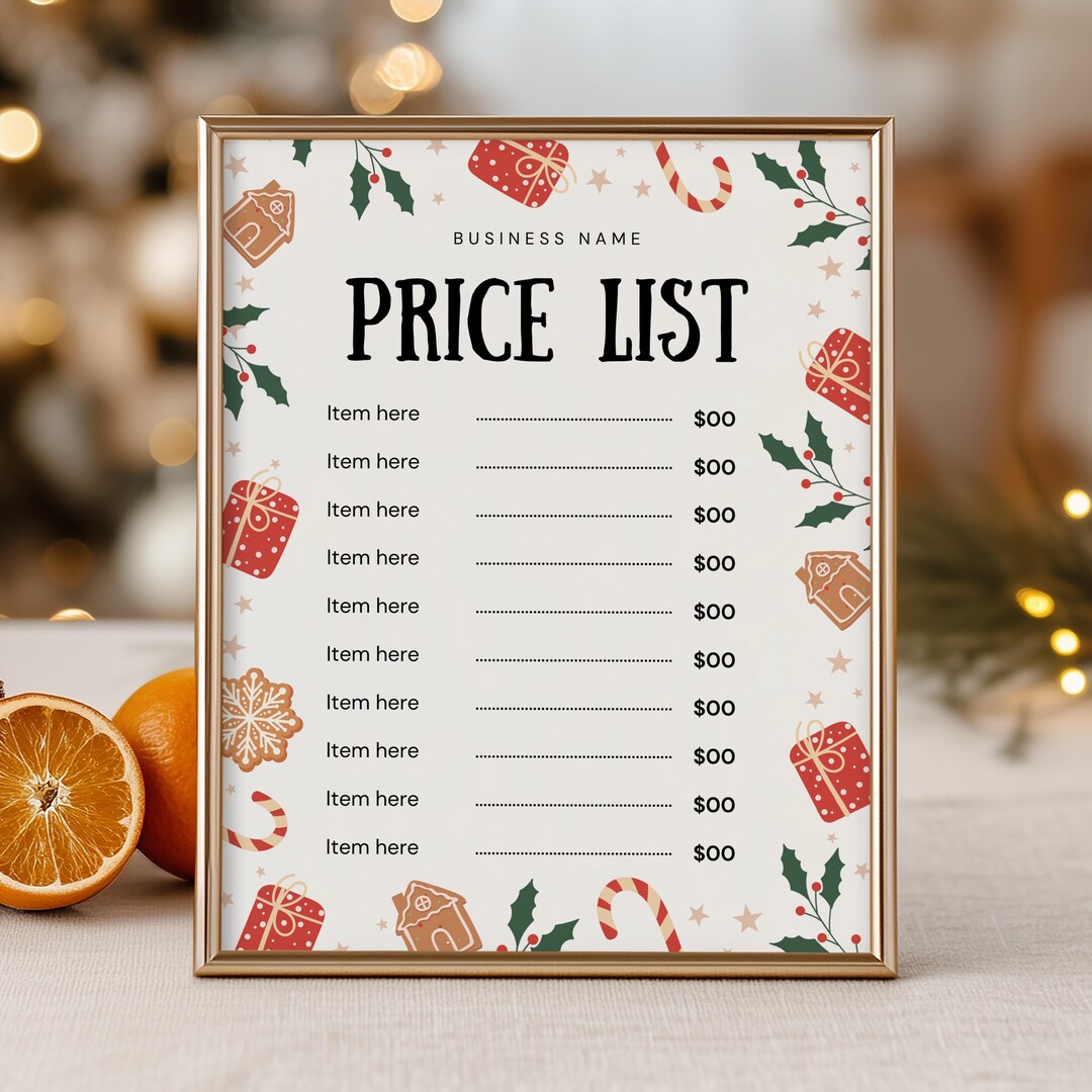 Christmas Price Sign Template – Editable Canva Price List for Craft ...