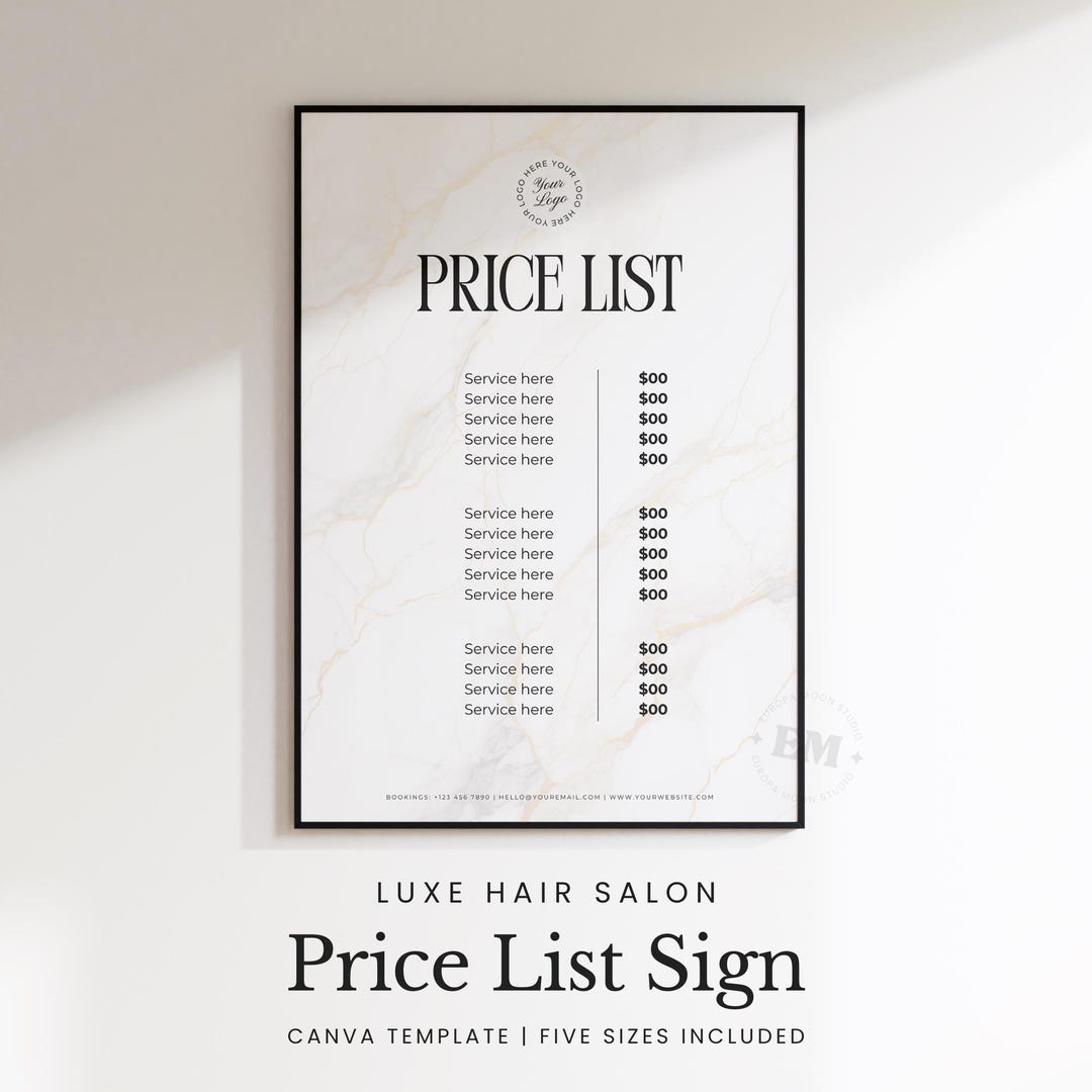 Price List Sign Canva Template - Five Sizes - Luxe Price List Template ...