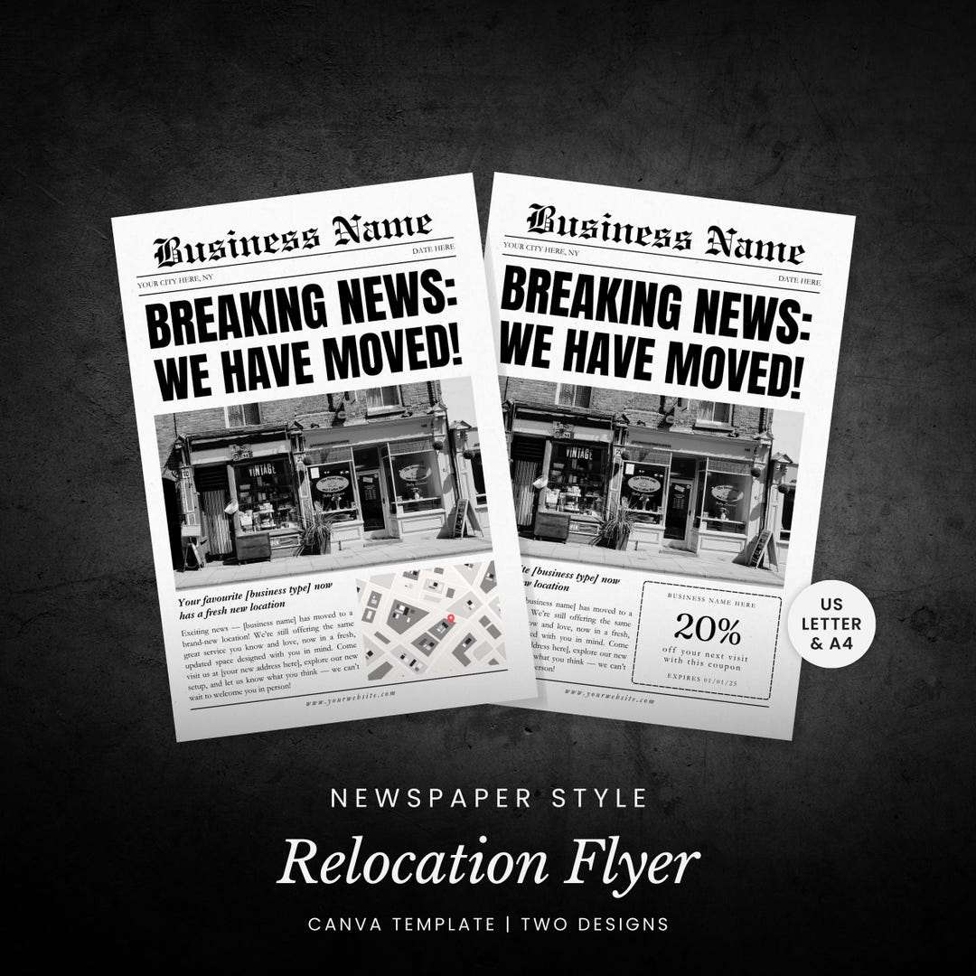 New Location Business Flyer - Newspaper Style Breaking News Canva ...