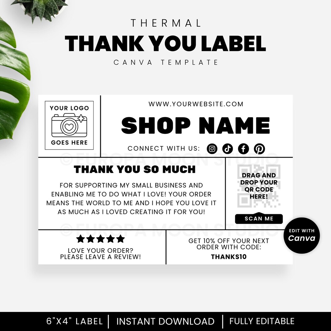 Thank You Label Canva Template 6x4 Inch Customisable Thermal for Small ...