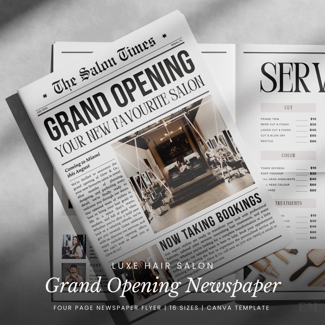 Grand Opening Salon Newspaper - Canva Flyer Template With Four Pages ...