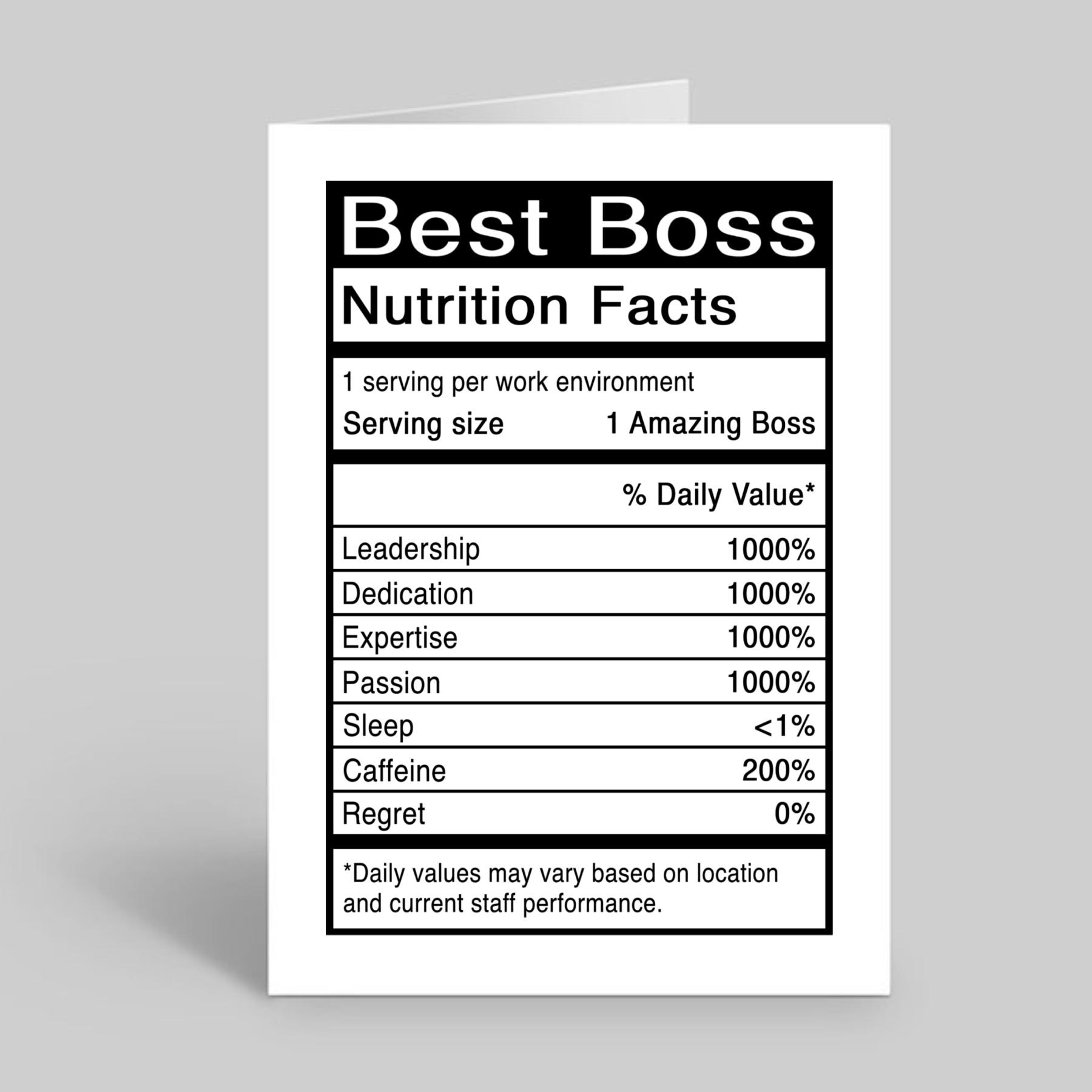 Printable Greeting Card for Bosses Day, Best Boss Nutrition Facts ...