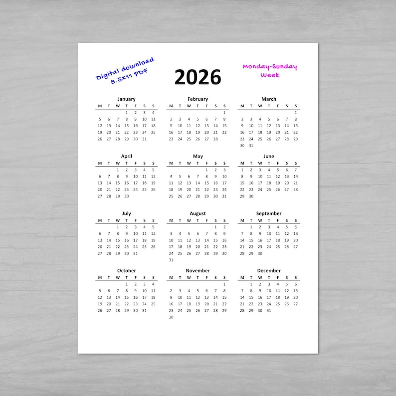 Printable 2025 and 2026 Calendars, Year at a Glance, 12 Months From ...