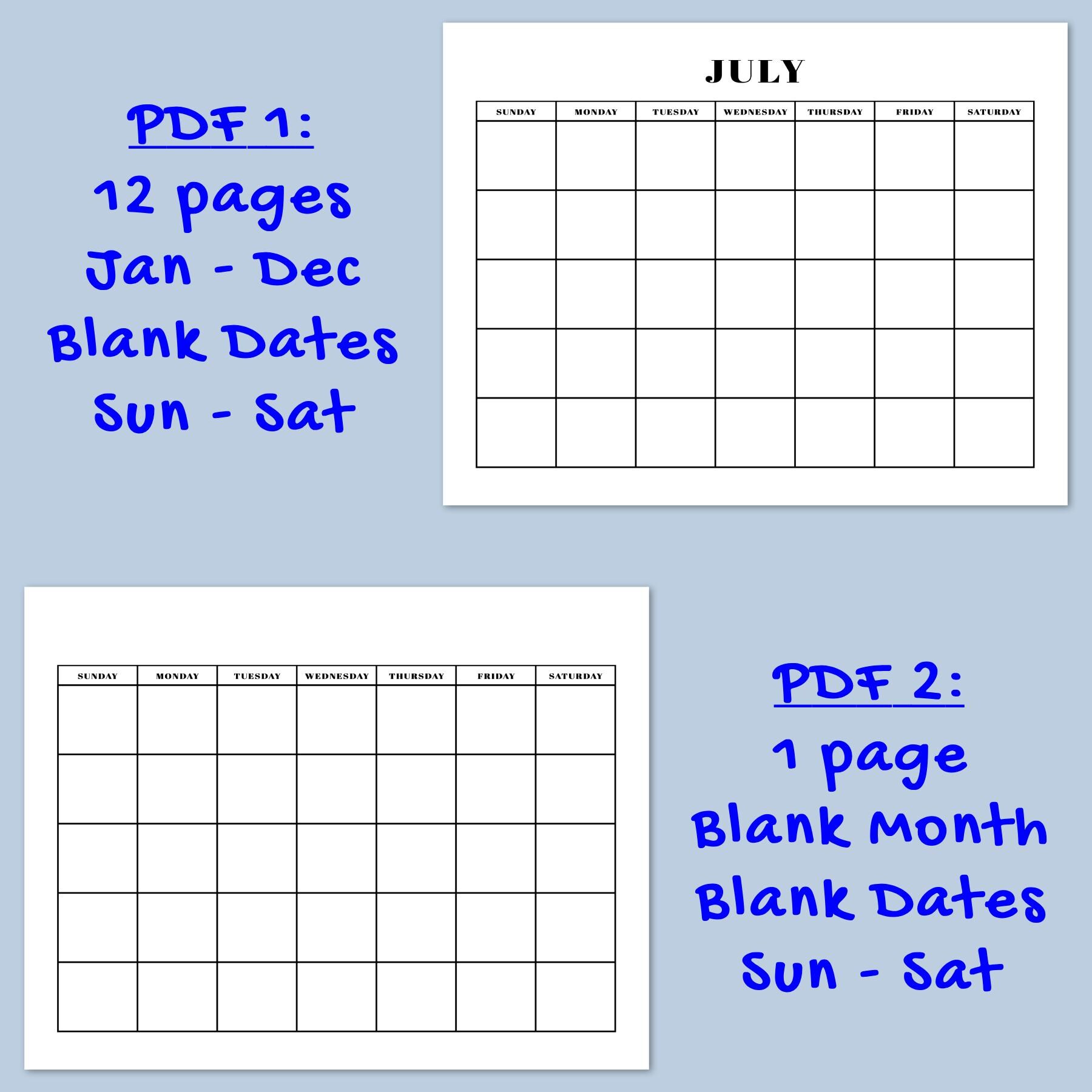 Printable Monthly Calendar Pages: Sunday Start, Reusable Blank ...
