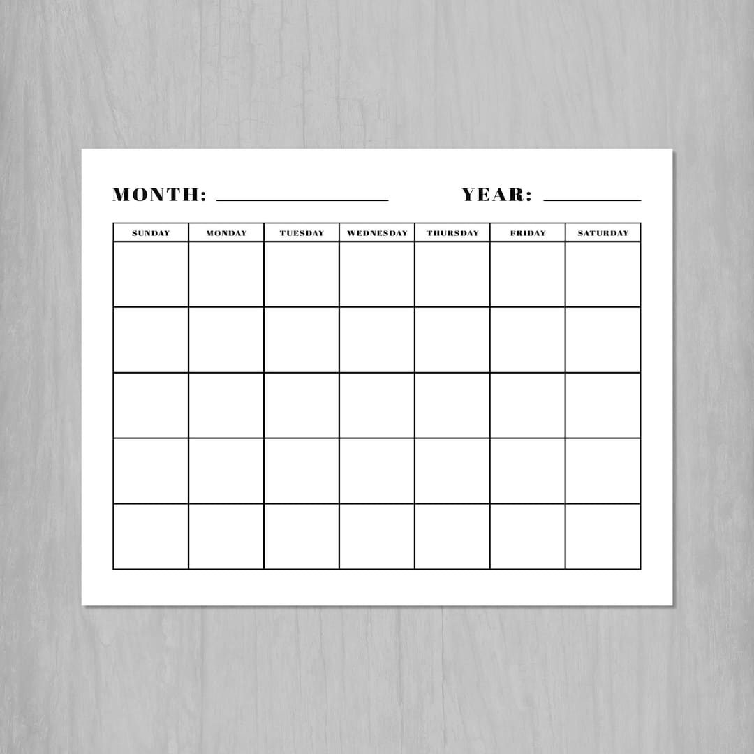 Printable Blank Calendar Page, Monthly Calendar Template, Reusable ...