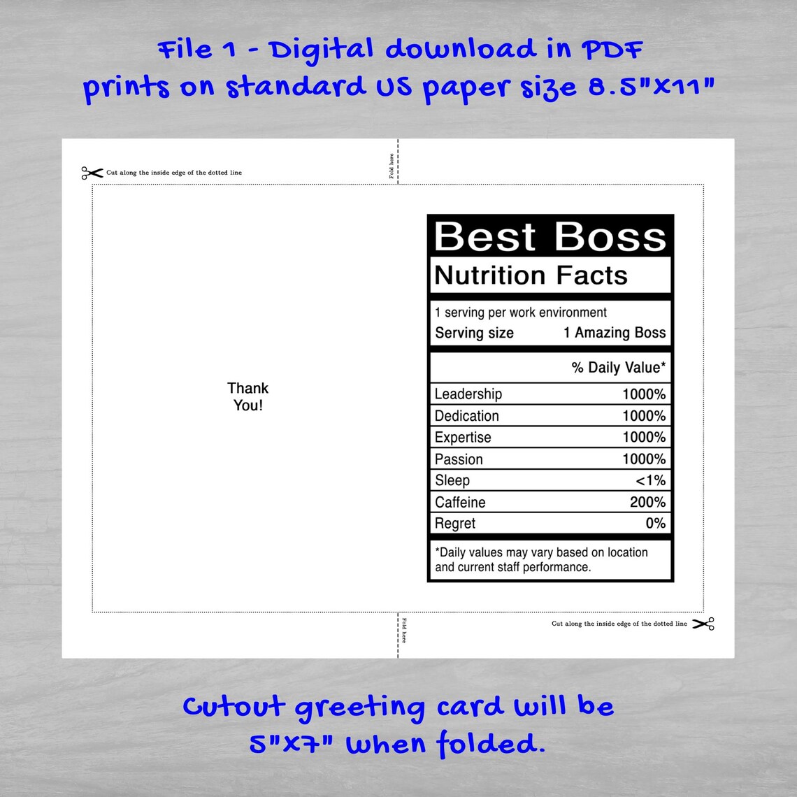 Printable Greeting Card for Bosses Day, Best Boss Nutrition Facts ...