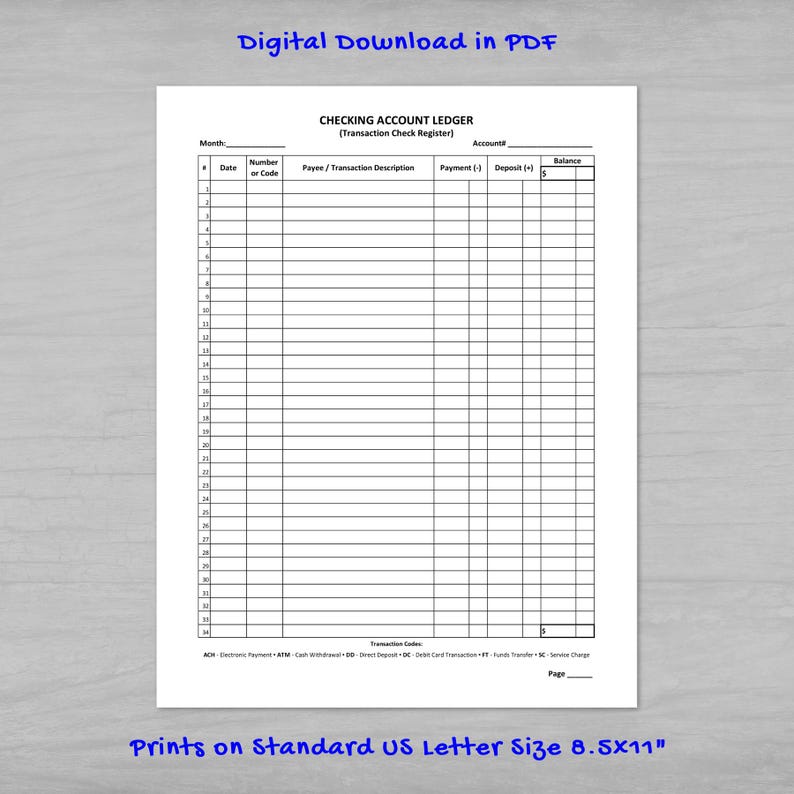 Printable Checking Account Ledger Template, Checkbook Register Page ...