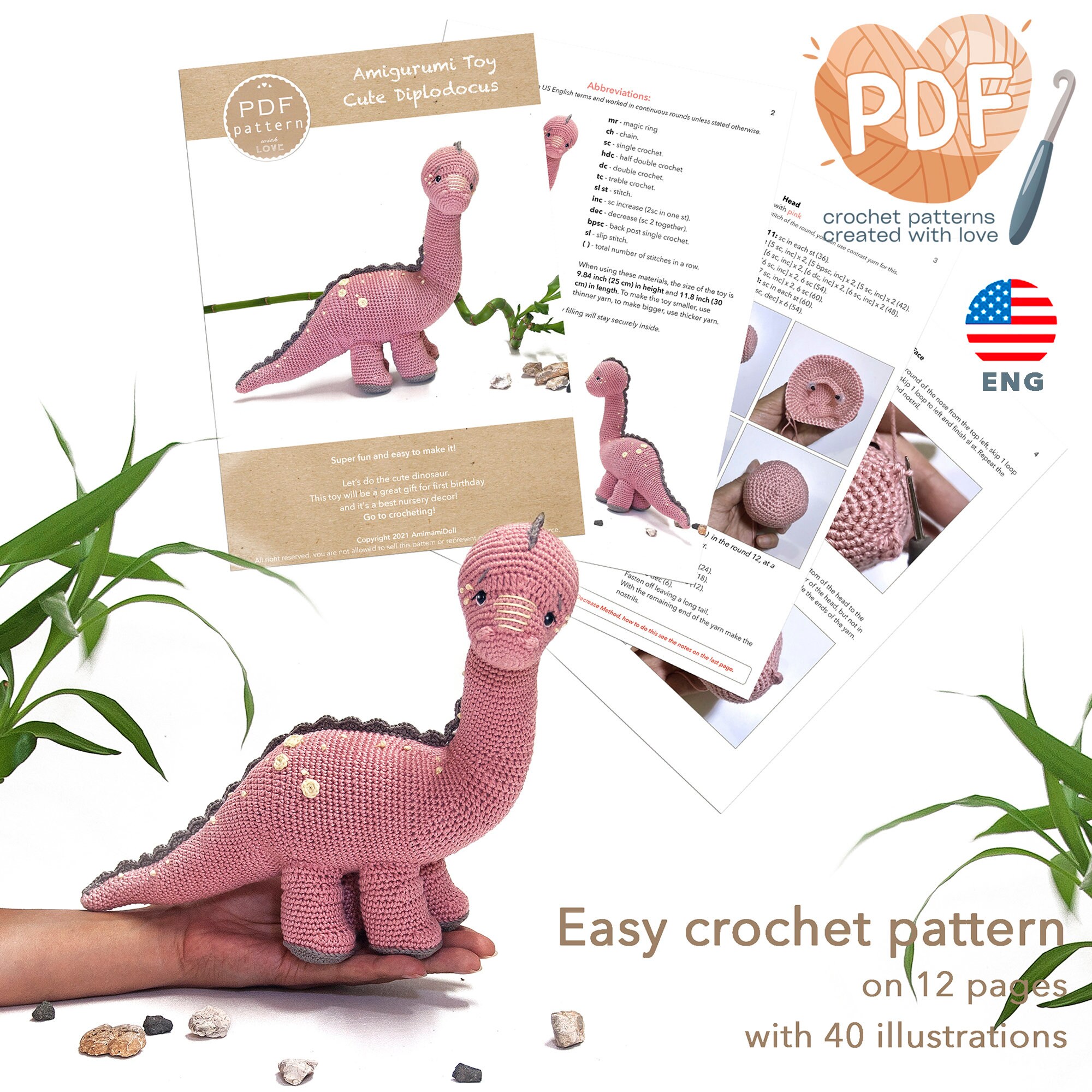 Dinosaur Crochet Pattern Brontosaurus, Amigurumi Diplodocus, Crochet Dinosaur Bronto Dino, Cute ...