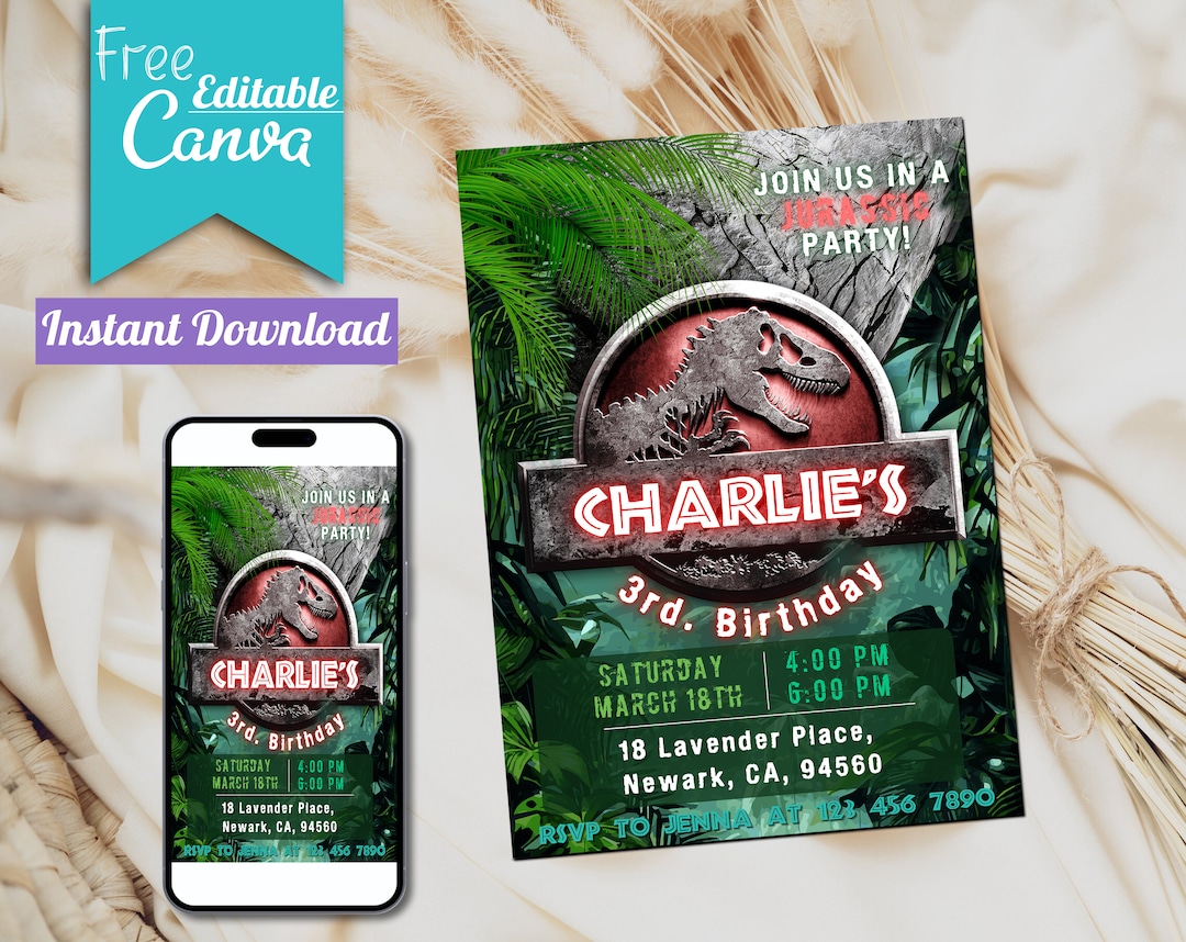 Editable Jurassic World Birthday Invitation Printable Jurassic Park Party Invitation Kids ...