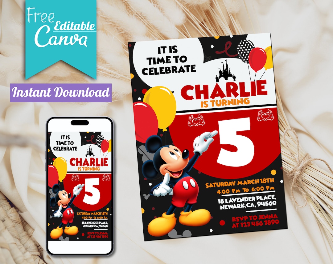 Editable Mickey Birthday Invitation Template | Printable Birthday Party ...