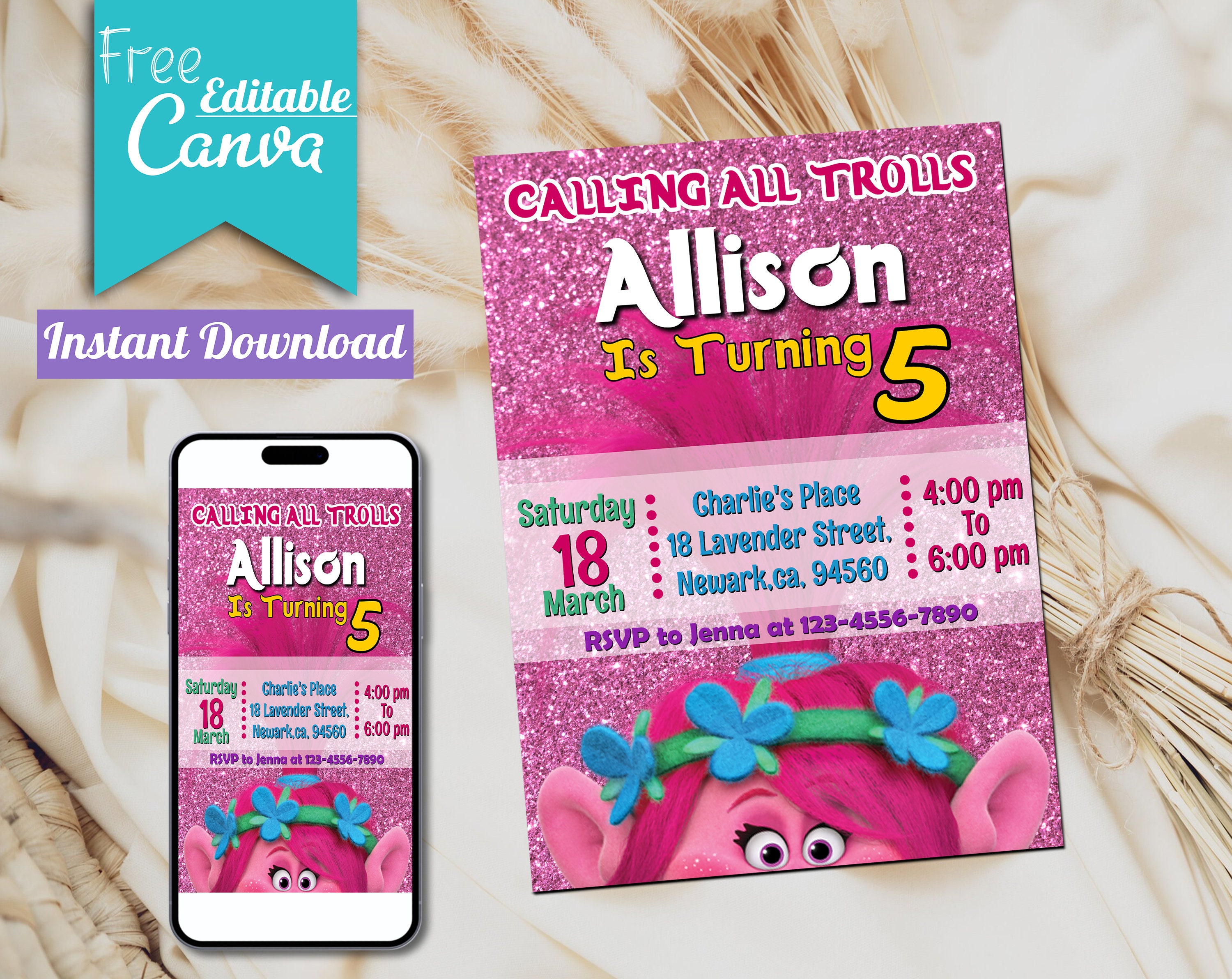 Editable Trolls Poppy Birthday Invitation Trolls Girls Invite, Template ...