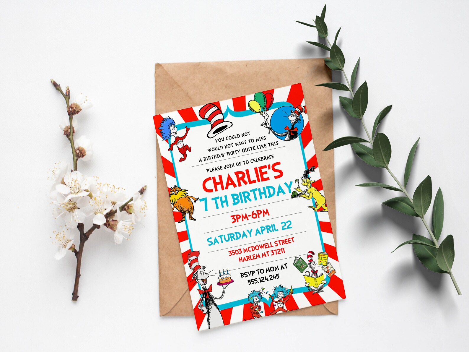 Dr Seuss Birthday Invitation, Dr Seuss Party, Dr Seuss Invite, Dr Seuss ...