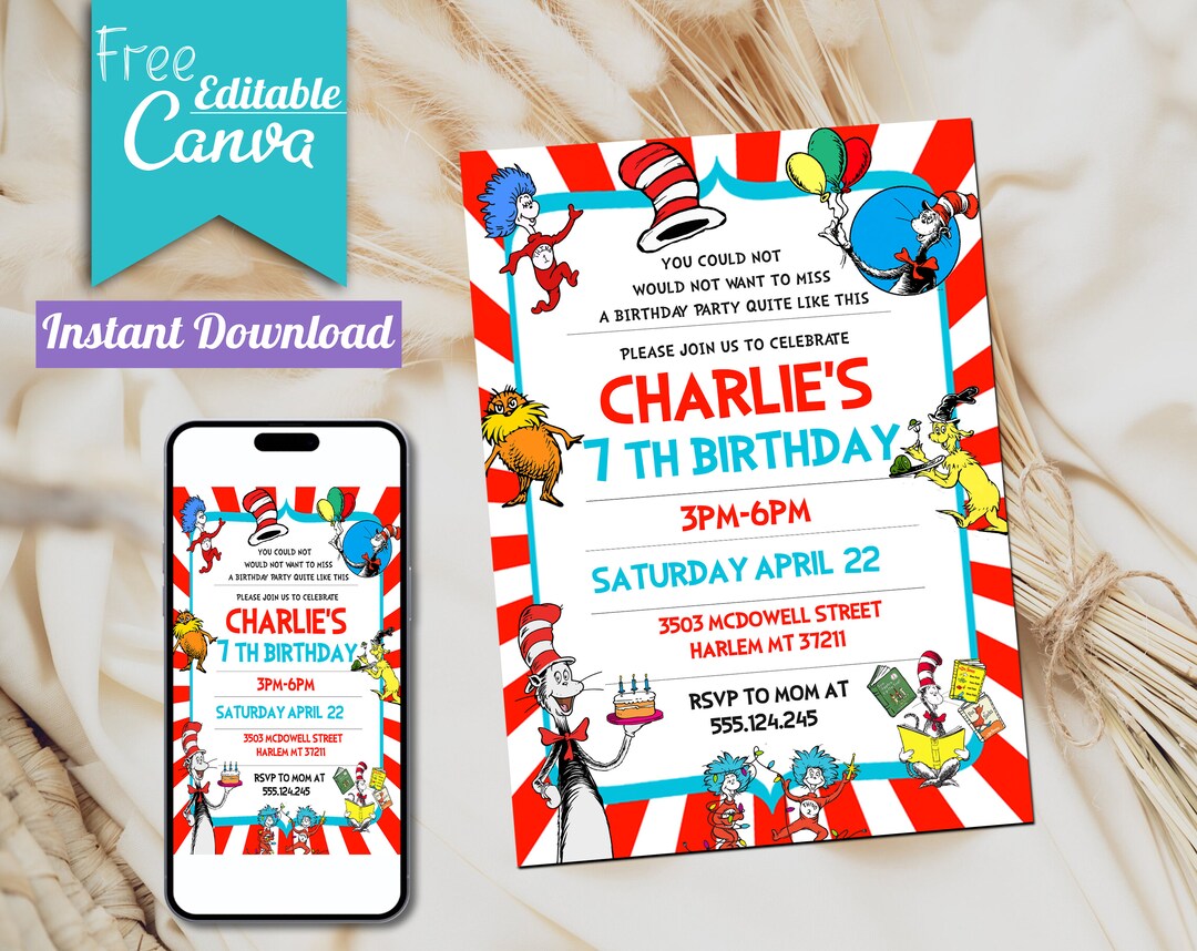 Dr Seuss Birthday Invitation, Dr Seuss Party, Dr Seuss Invite, Dr Seuss ...