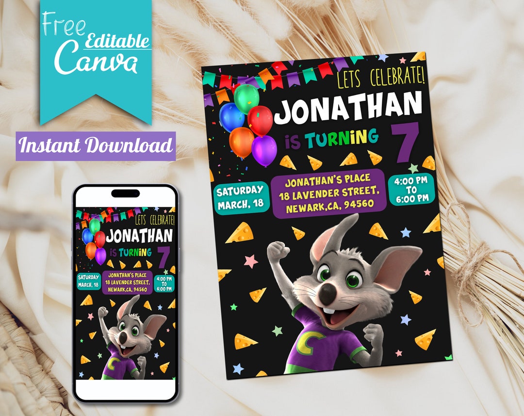 Chuck E Cheese Birthday Invitations Printable Chuck E Cheese Party Invite Chuck Evite Editable ...