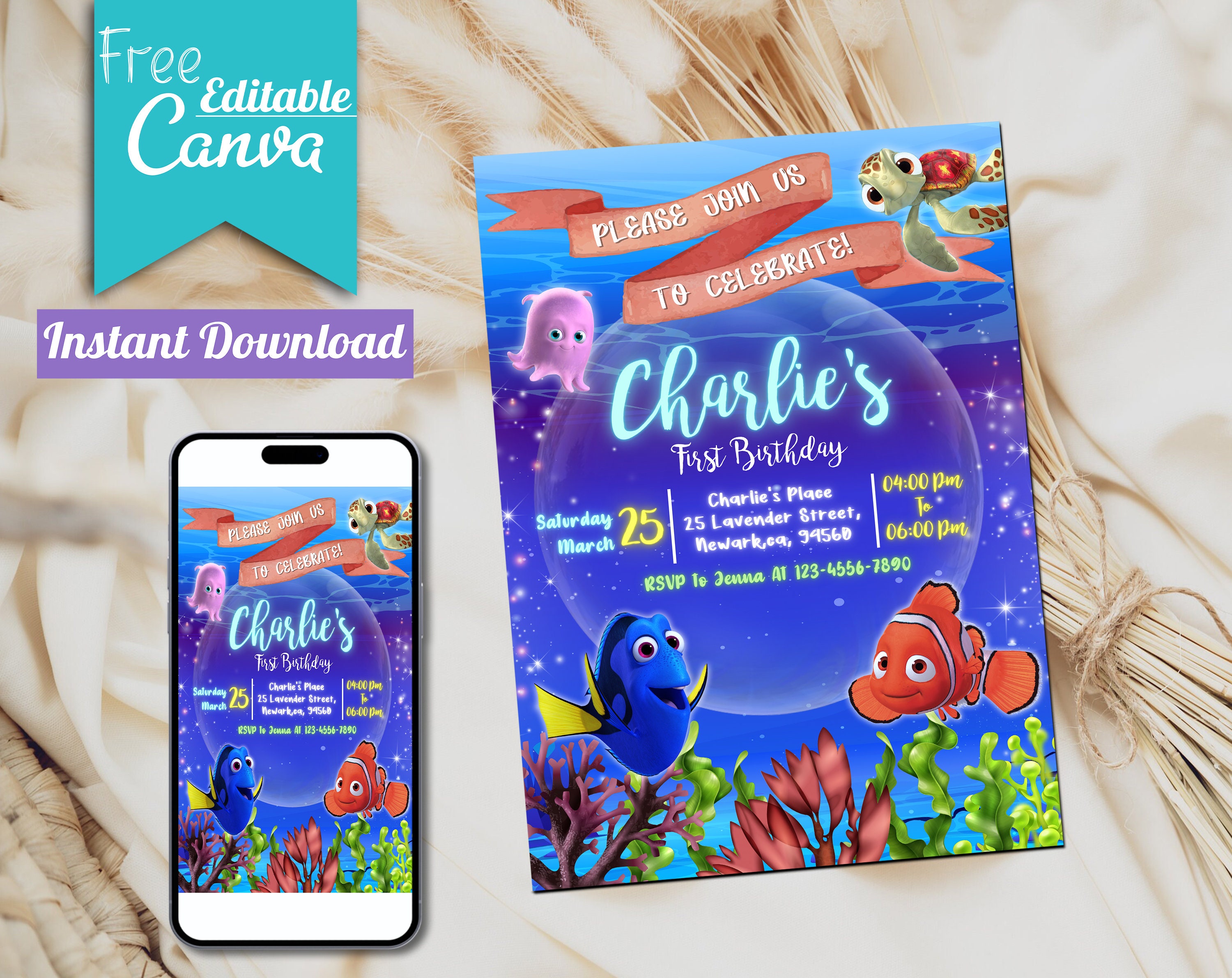 Editable Finding Nemo Birthday Invitation Template Digital Kids Party ...