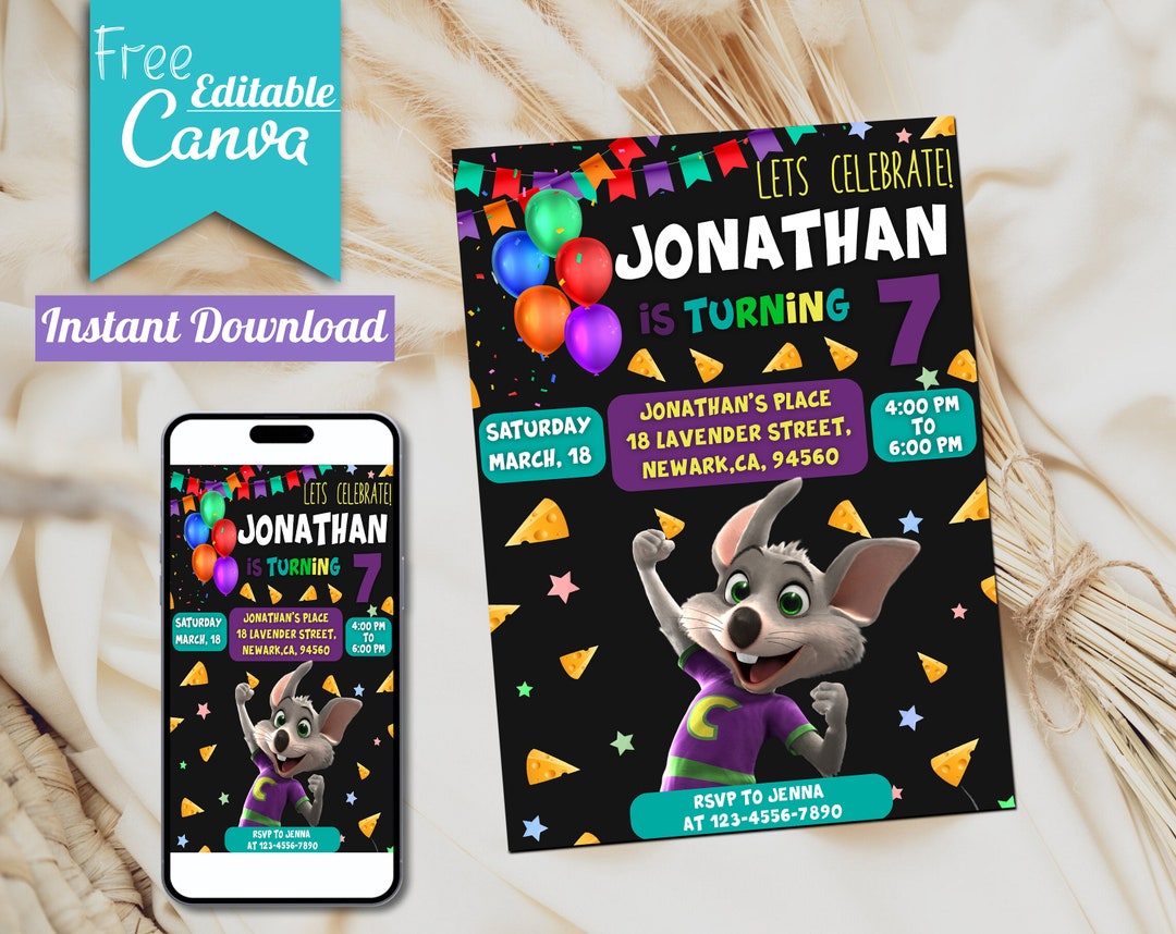 Chuck E Cheese Birthday Invitations | Printable Chuck E Cheese Party ...