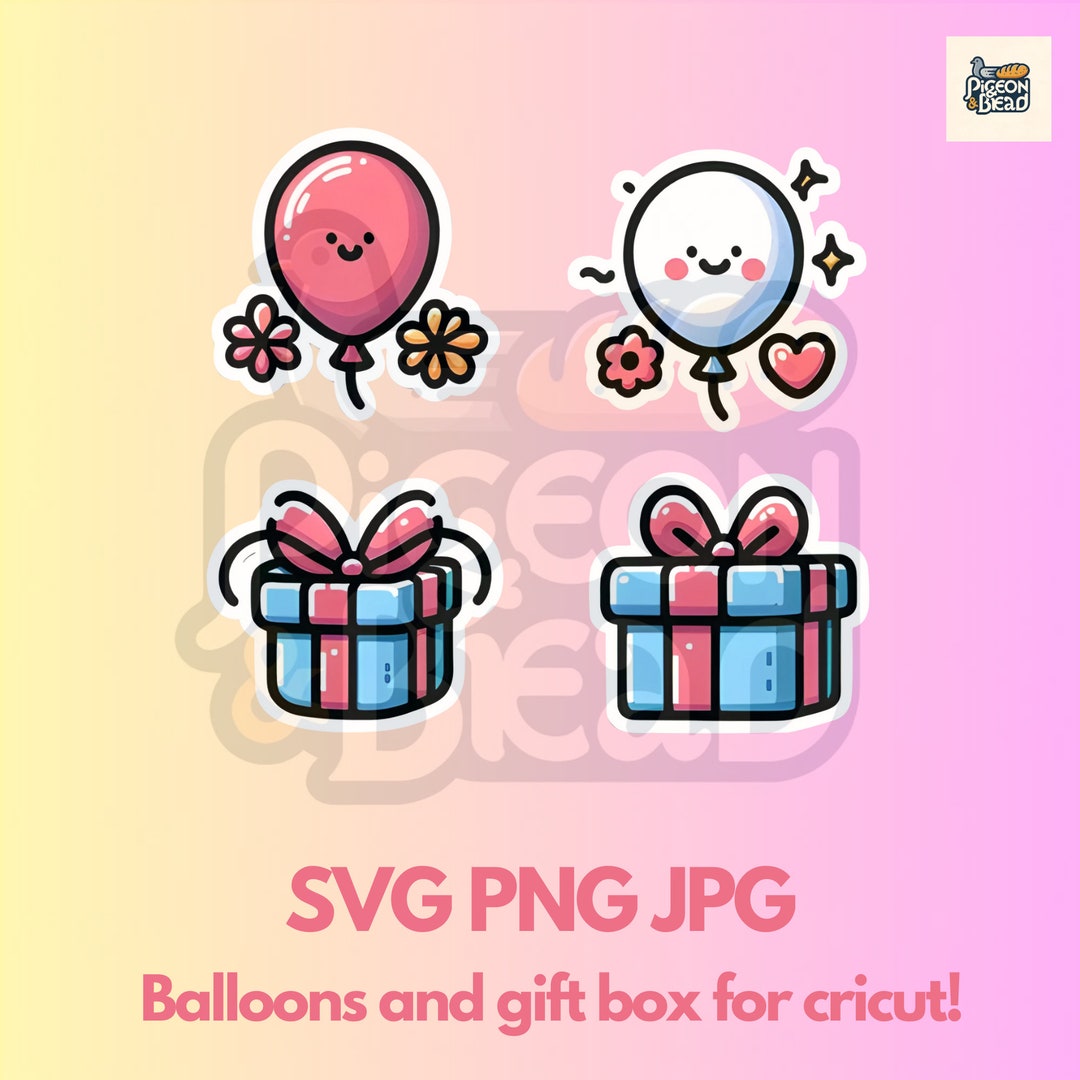 Balloons and Gift Box SGV PNG JPG File for Cricut , Balloons and Gift ...