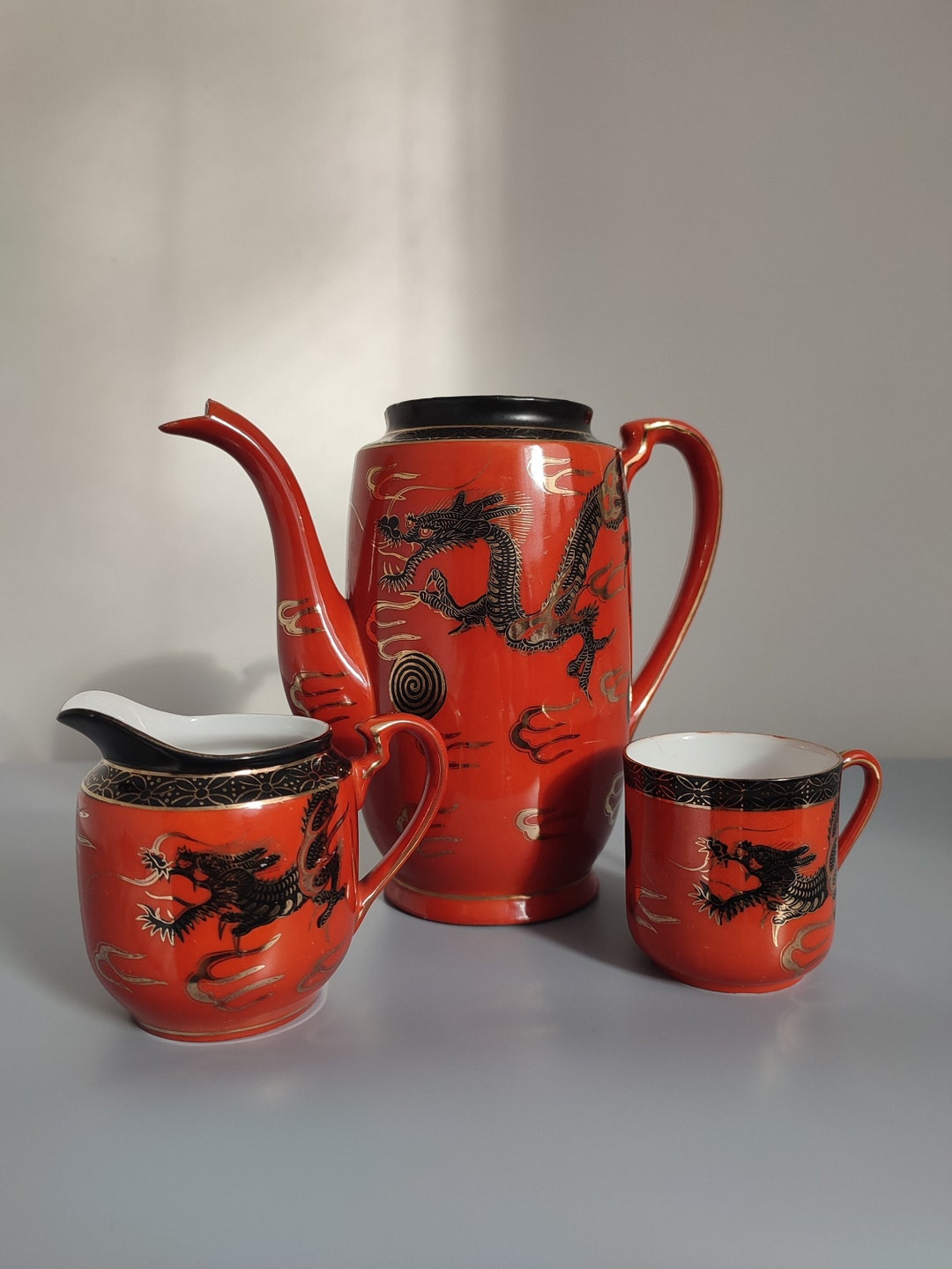 Vintage Japanese Porcelain Coffee Pot With Hand Painted Dragon, a Cup ...