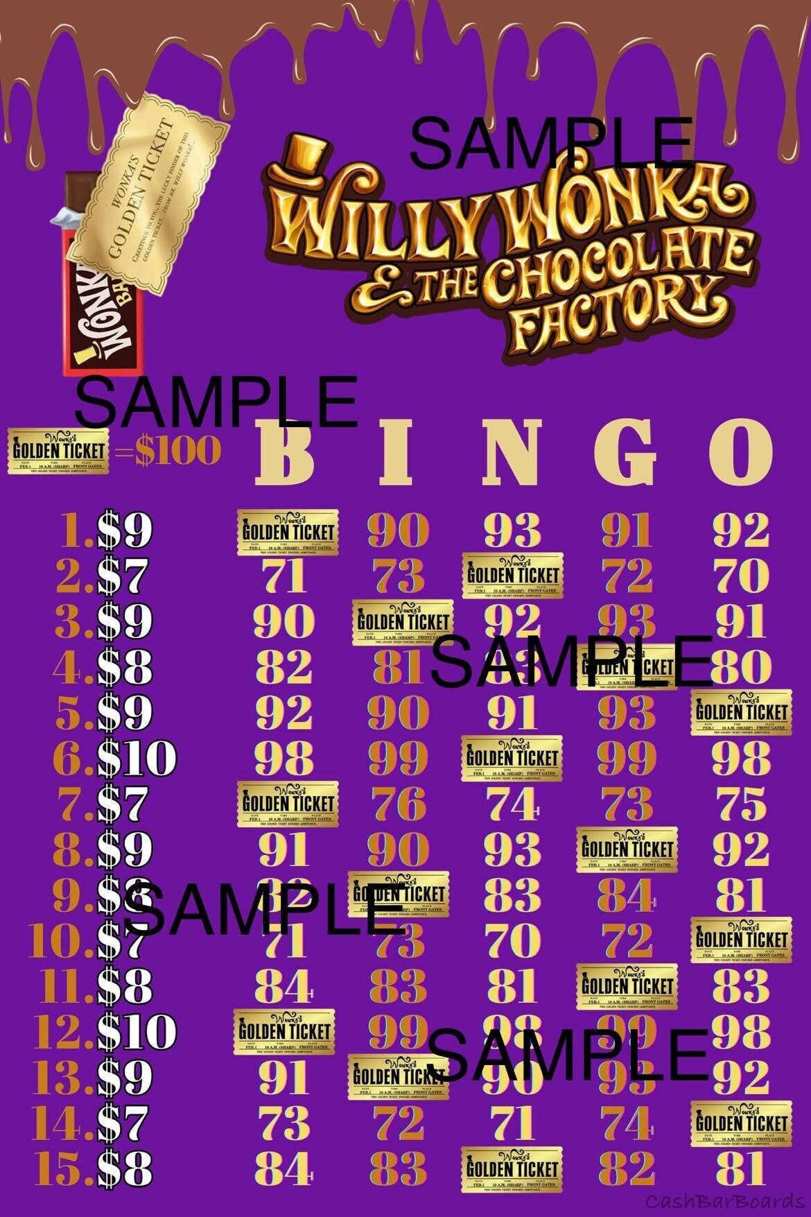 Willy Wonka Bingo Board 100 in Every Line - Etsy