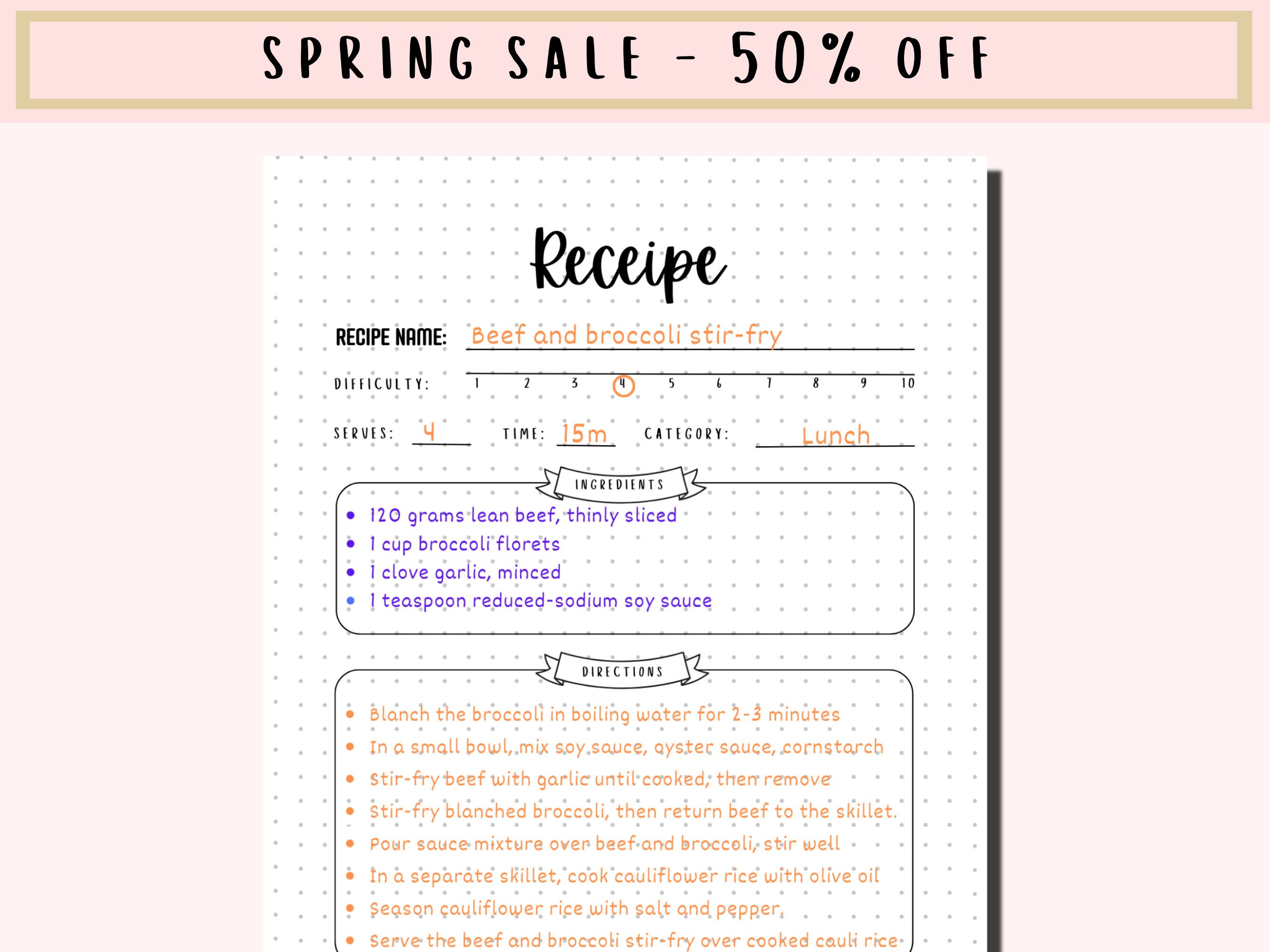 Recipe Template / Recipe Printable Journal Page, Cooking, Baking ...