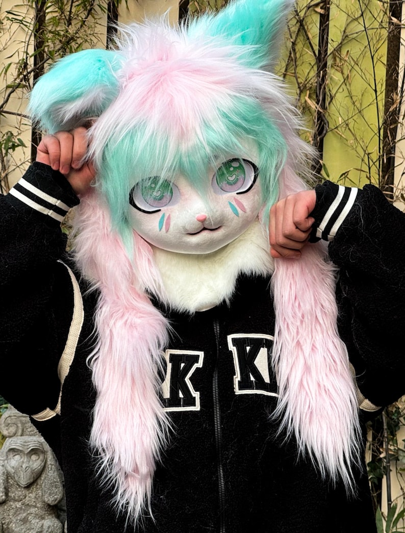 Japanese Kig Kimono Mask/ Cat Fur Suit Head/ Pink Mint Fursuit Fantasy ...
