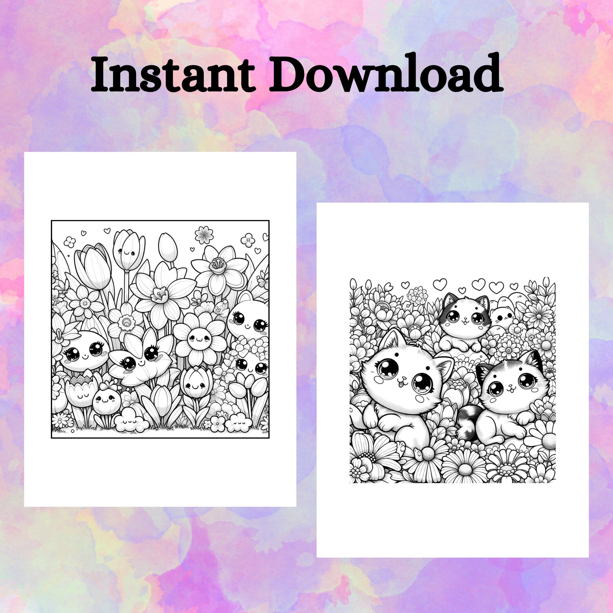 Kawaii Spring Flowers Coloring Pages, 40 Pages, Kawaii Flowers, Kids ...
