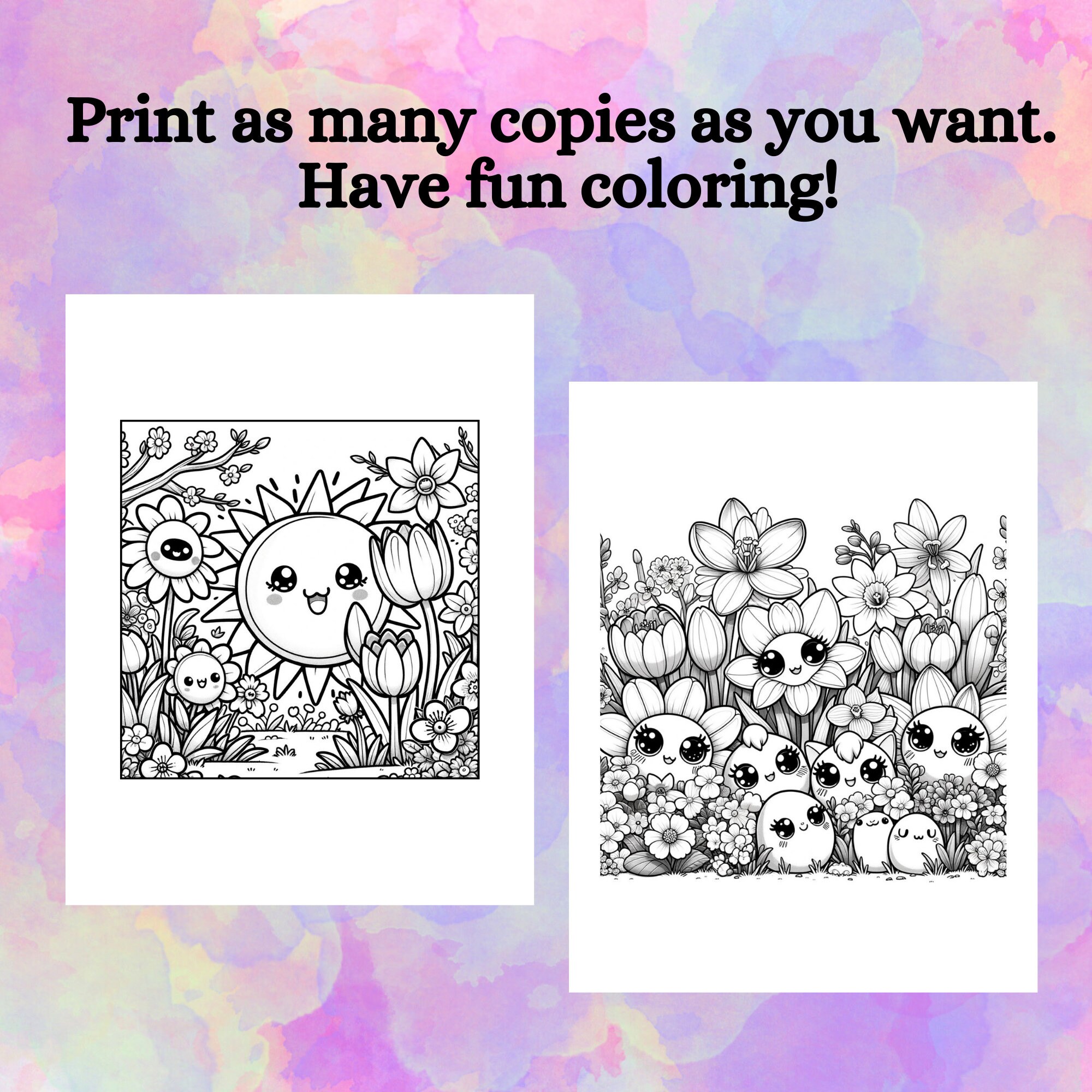 Kawaii Spring Flowers Coloring Pages, 40 Pages, Kawaii Flowers, Kids ...