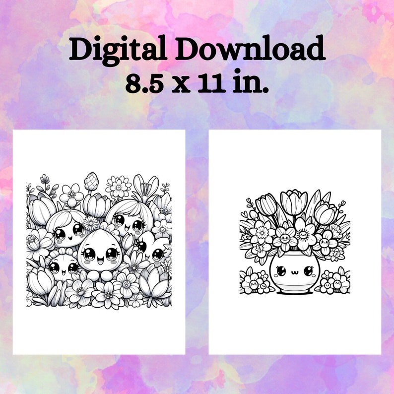 Kawaii Spring Flowers Coloring Pages, 40 Pages, Kawaii Flowers, Kids ...
