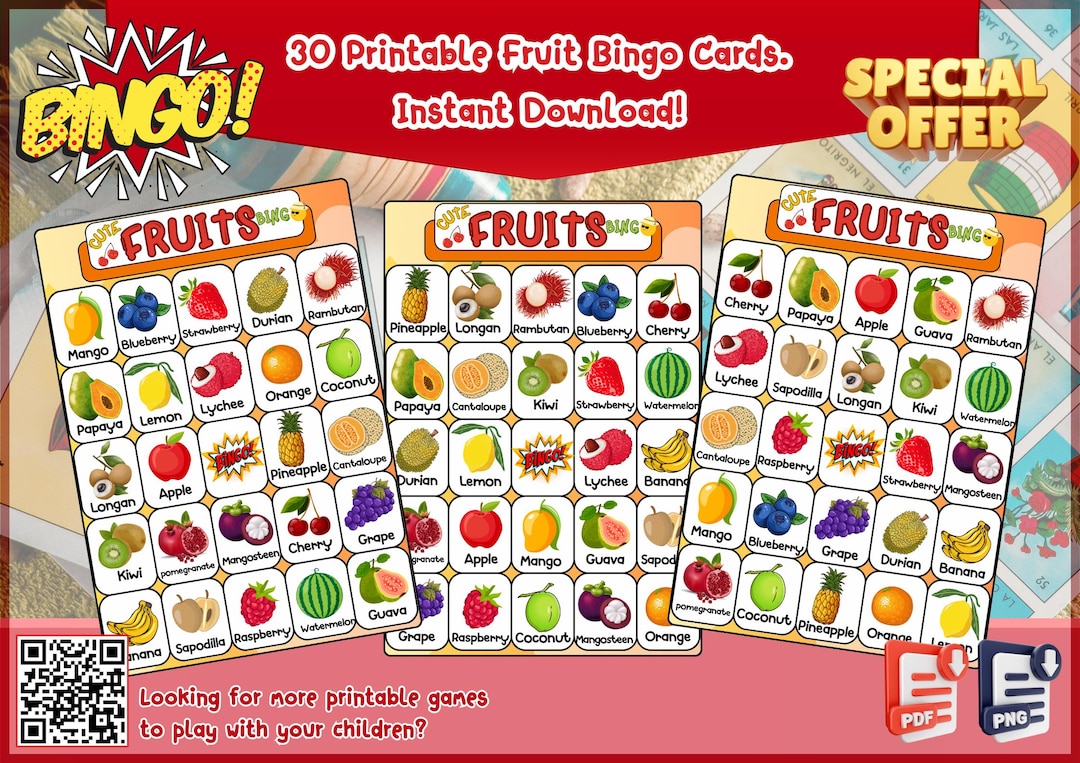 30 Printable Fruit-themed Bingo Cards Fun, Customizable, Instant ...