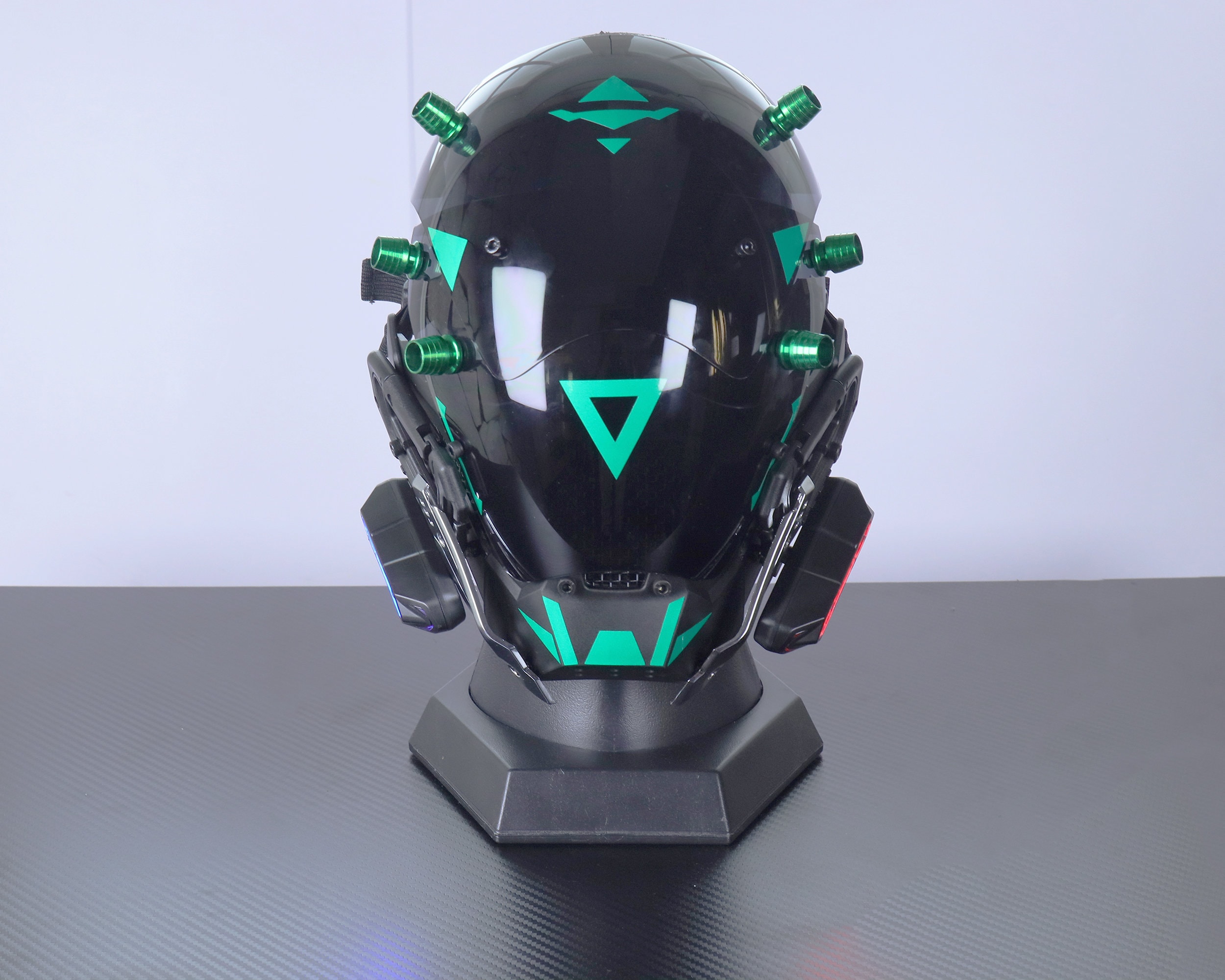 Custom Green Rivet Punk Helmet With Light, Mechanical Black Full Face ...