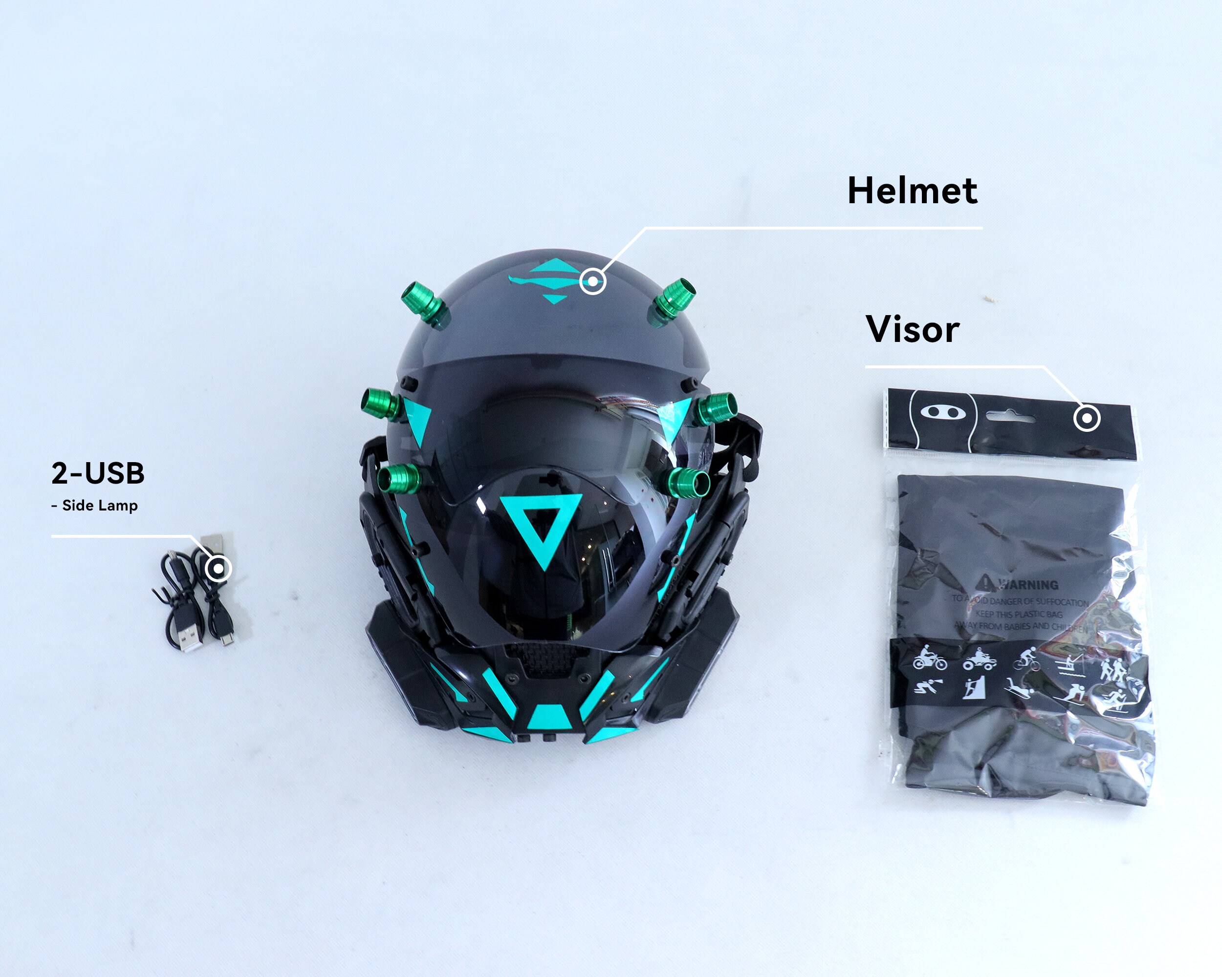 Custom Green Rivet Punk Helmet With Light, Mechanical Black Full Face ...
