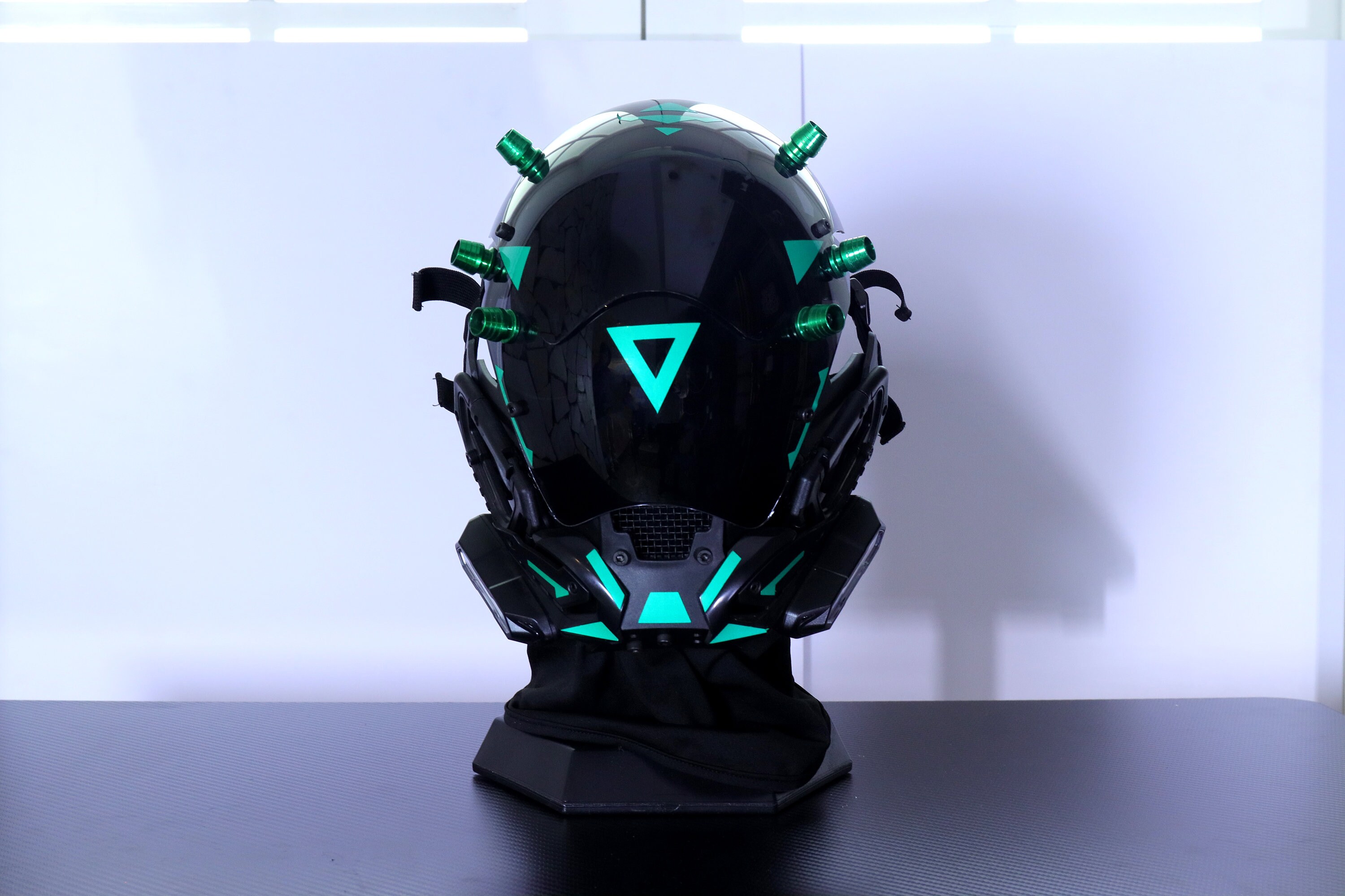 Custom Green Rivet Punk Helmet With Light, Mechanical Black Full Face ...