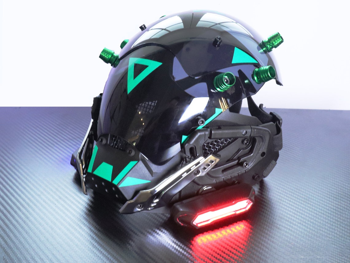 Custom Green Rivet Punk Helmet With Light, Mechanical Black Full Face ...