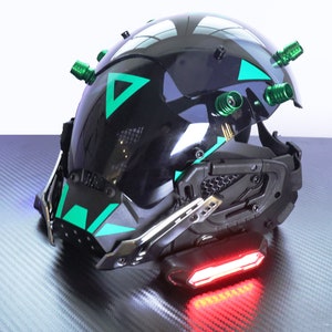 Custom Green Rivet Punk Helmet With Light, Mechanical Black Full Face ...