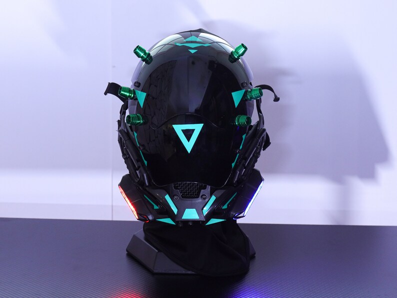 Custom Green Rivet Punk Helmet With Light, Mechanical Black Full Face ...