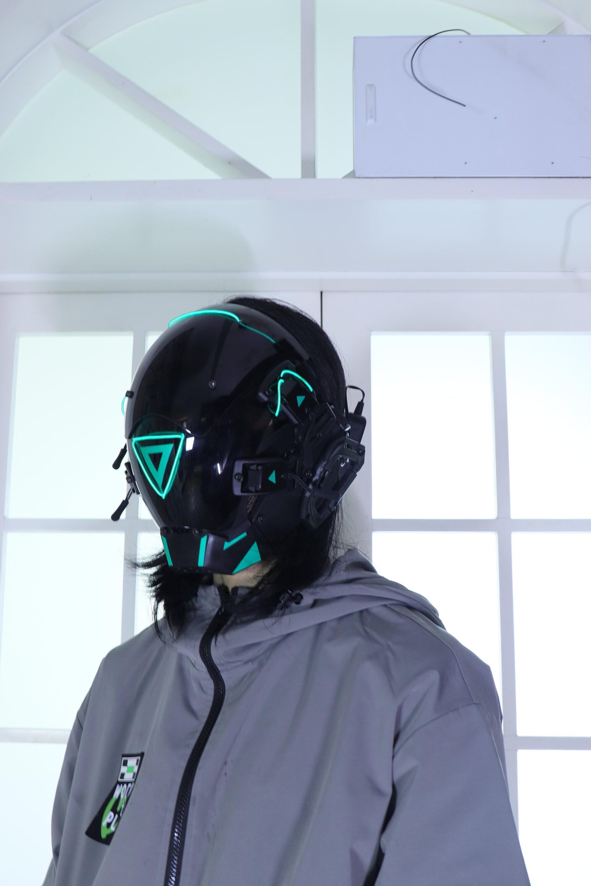 Custom Green Rivet Punk Helmet With Light, Mechanical Black Full Face ...