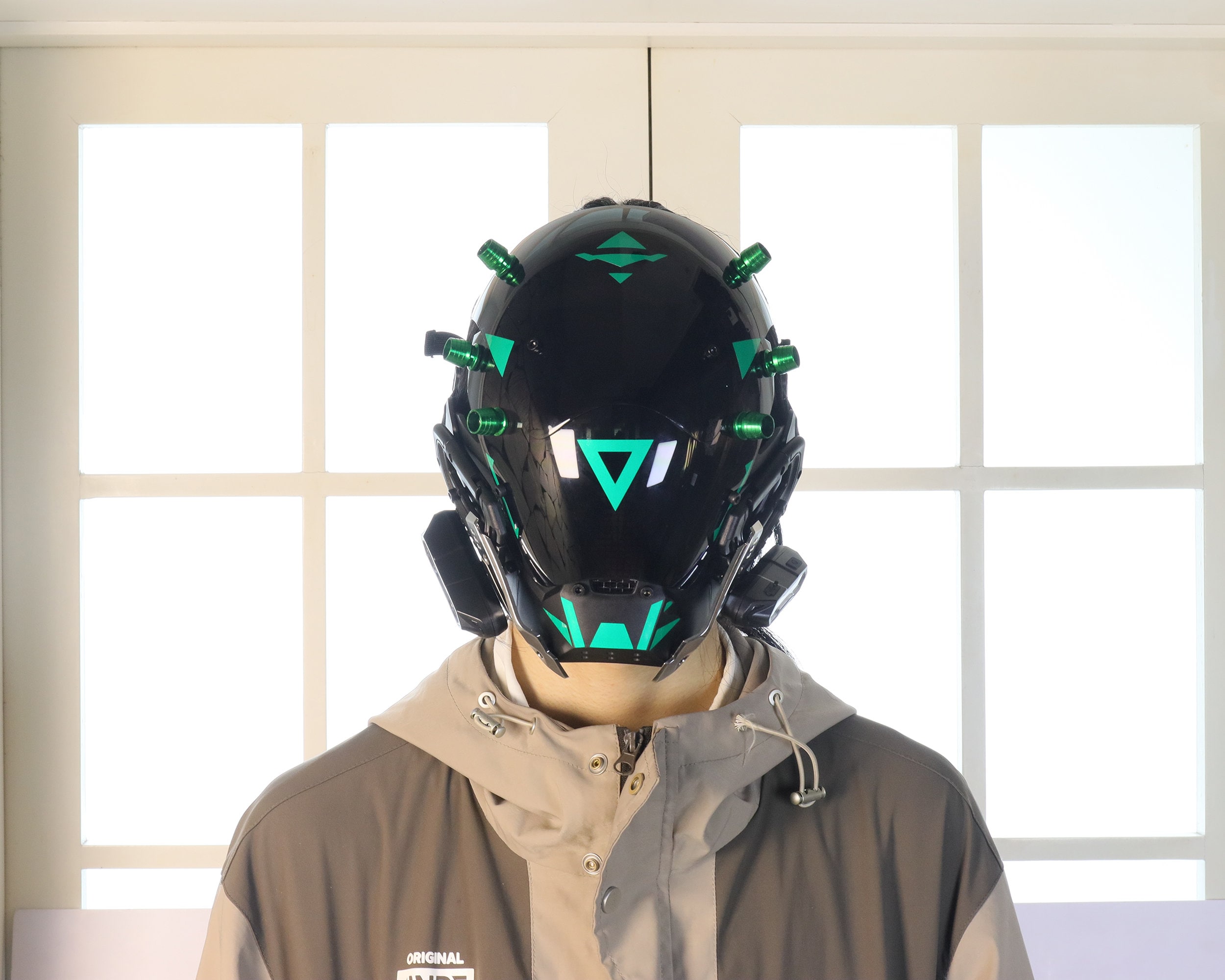 Custom Green Rivet Punk Helmet With Light, Mechanical Black Full Face ...