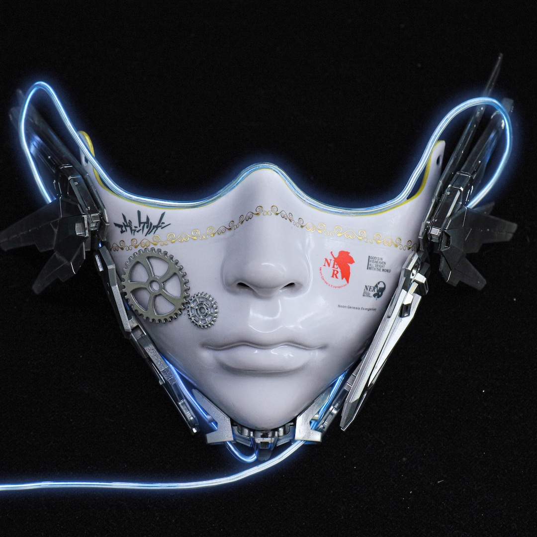 Self-design Glowing Half Face Cyberpunk Mask, Movable Gundam Wings Mask, Luminous DJ Party Rave ...