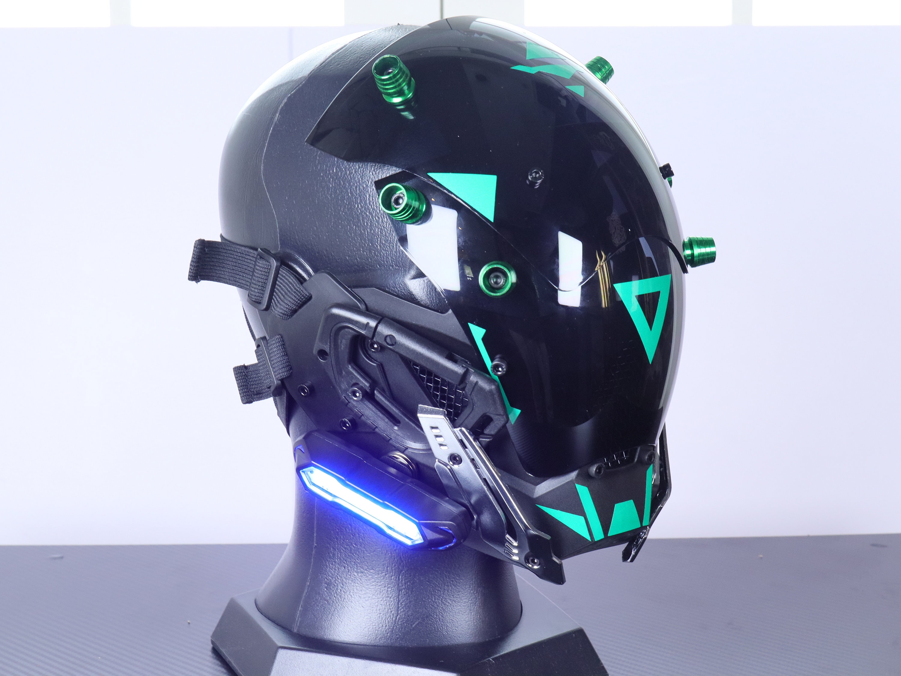 Custom Green Rivet Punk Helmet With Light, Mechanical Black Full Face ...