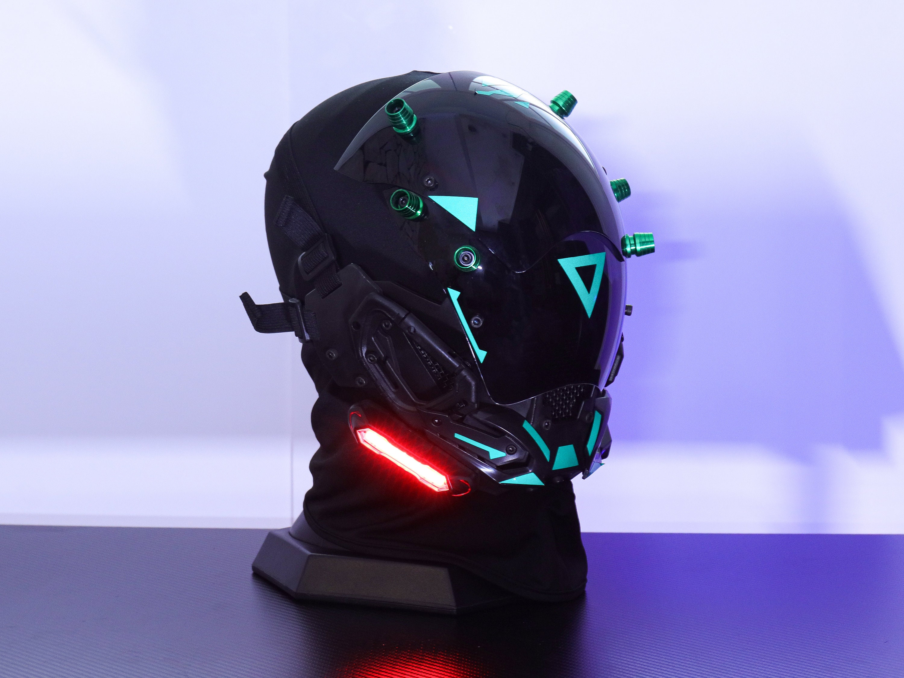 Custom Green Rivet Punk Helmet With Light, Mechanical Black Full Face ...