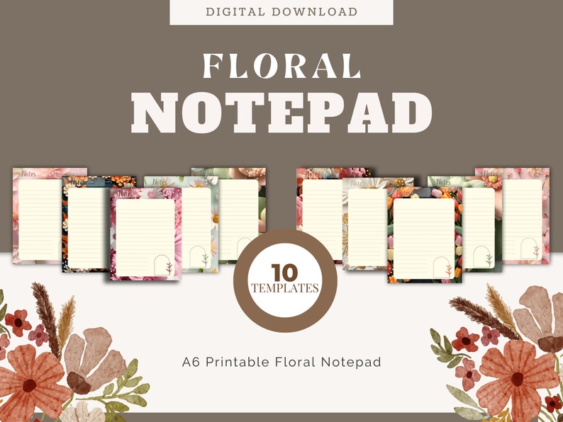 Floral Digital Printable Notepad PDF JPEG PNG A6 Size - Etsy