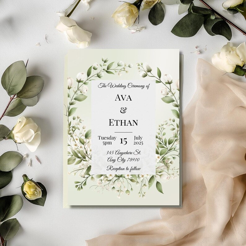 Light Green Floral Wedding Invitation Template | Digital Download - Etsy