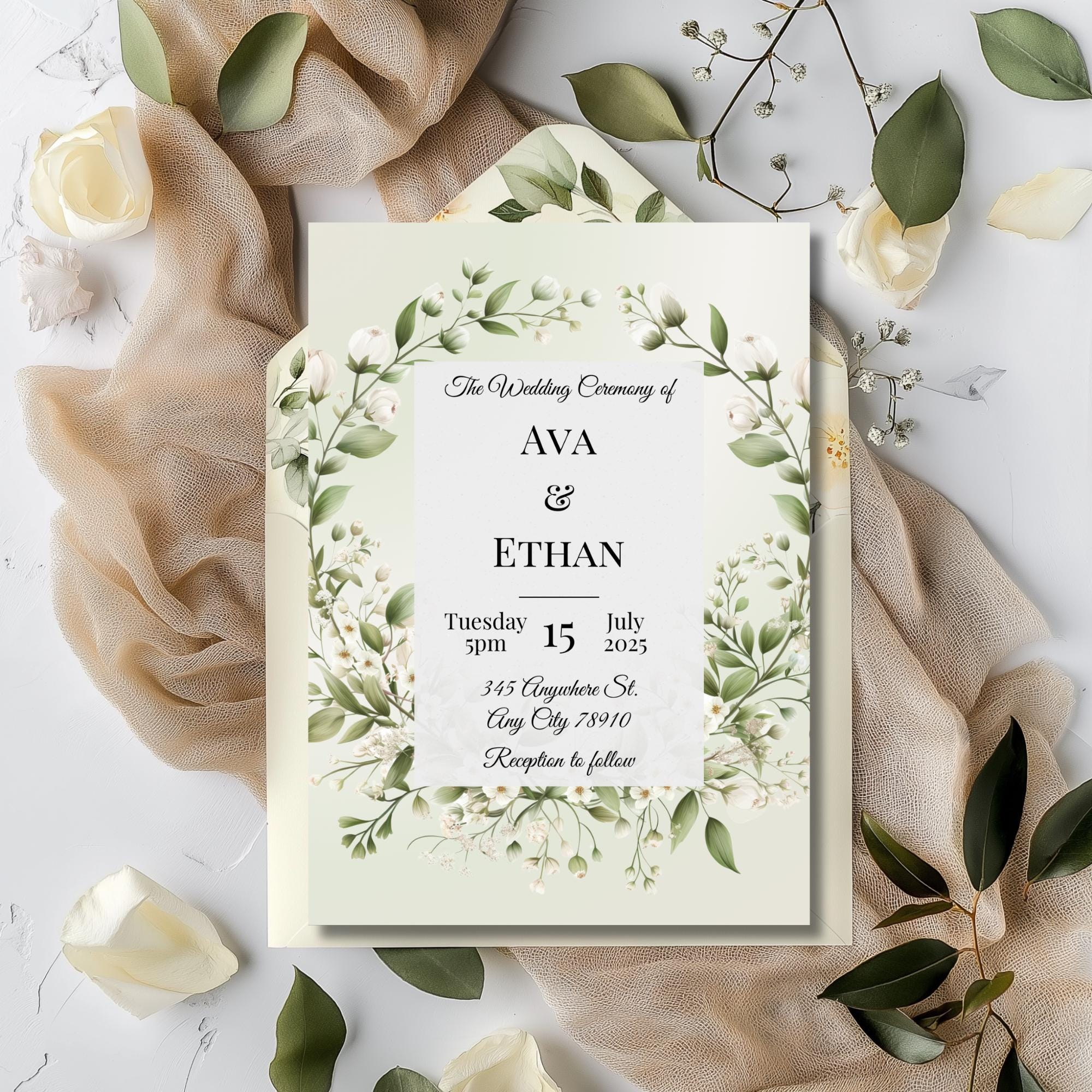 Light Green Floral Wedding Invitation Template | Digital Download - Etsy